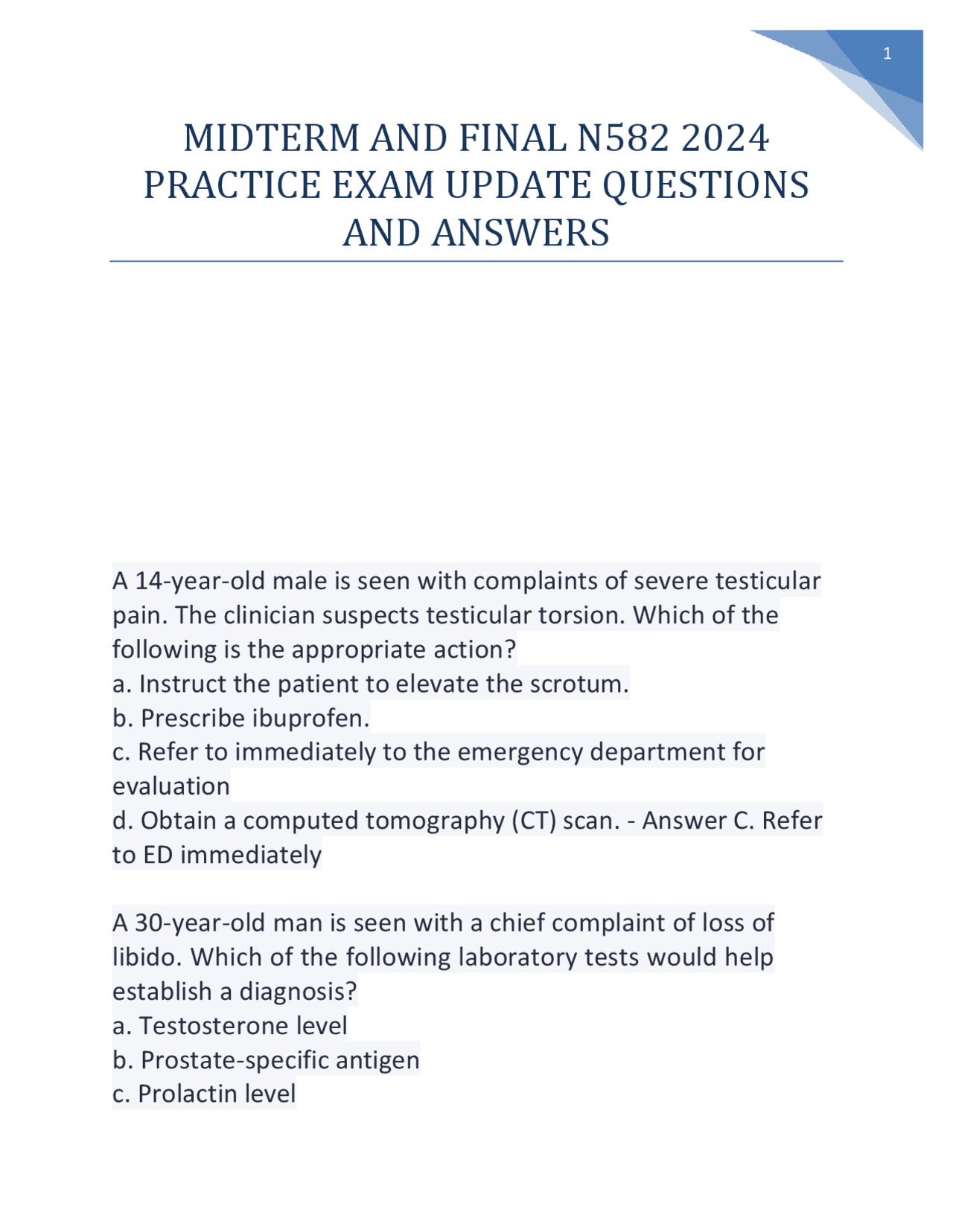 MIDTERM AND FINAL N582 2024 PRACTICE EXAM UPDATE QUESTIONS AND ANSWERS GRADED A+ | Exams Nursing ...