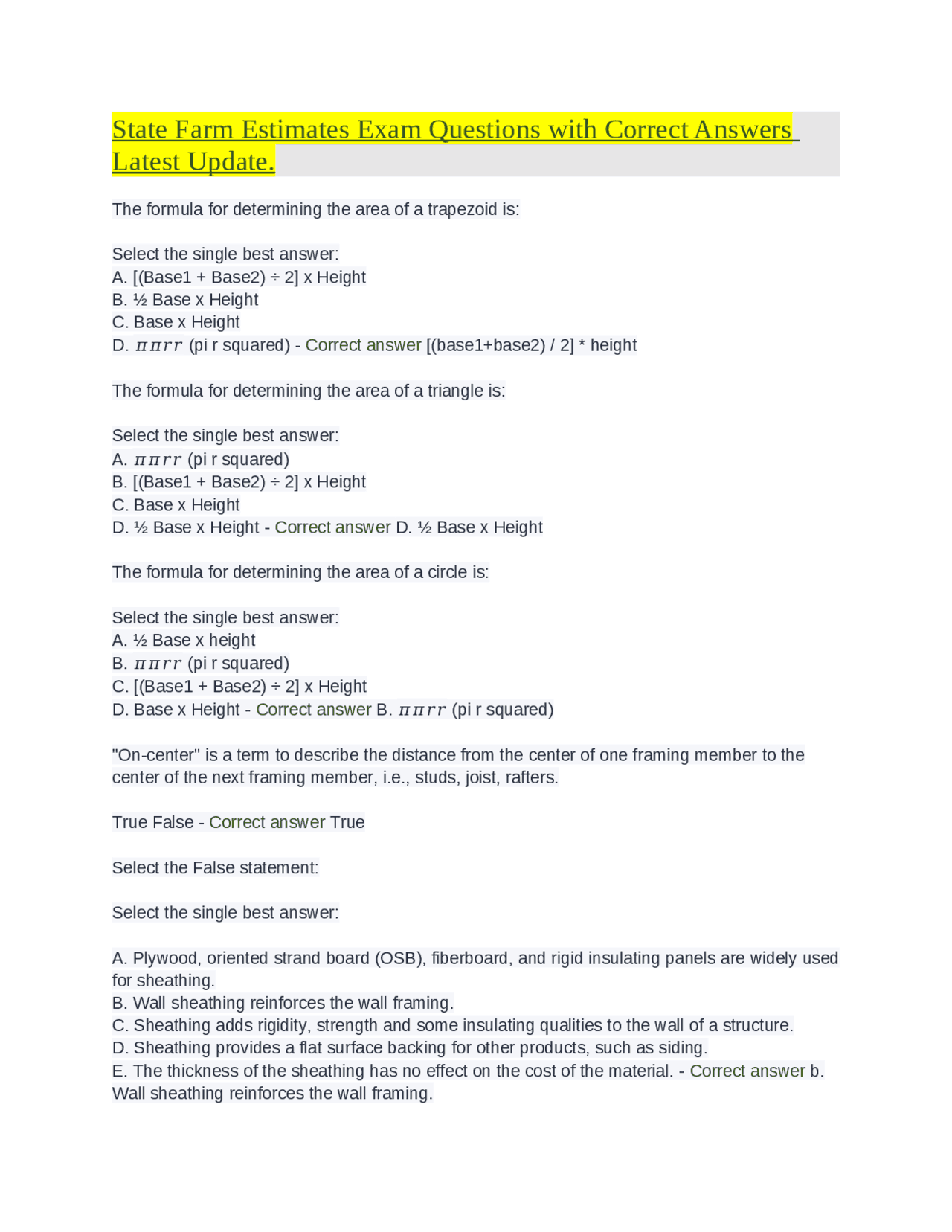 State Farm Estimates Exam Questions with Correct Answers Latest Update ...