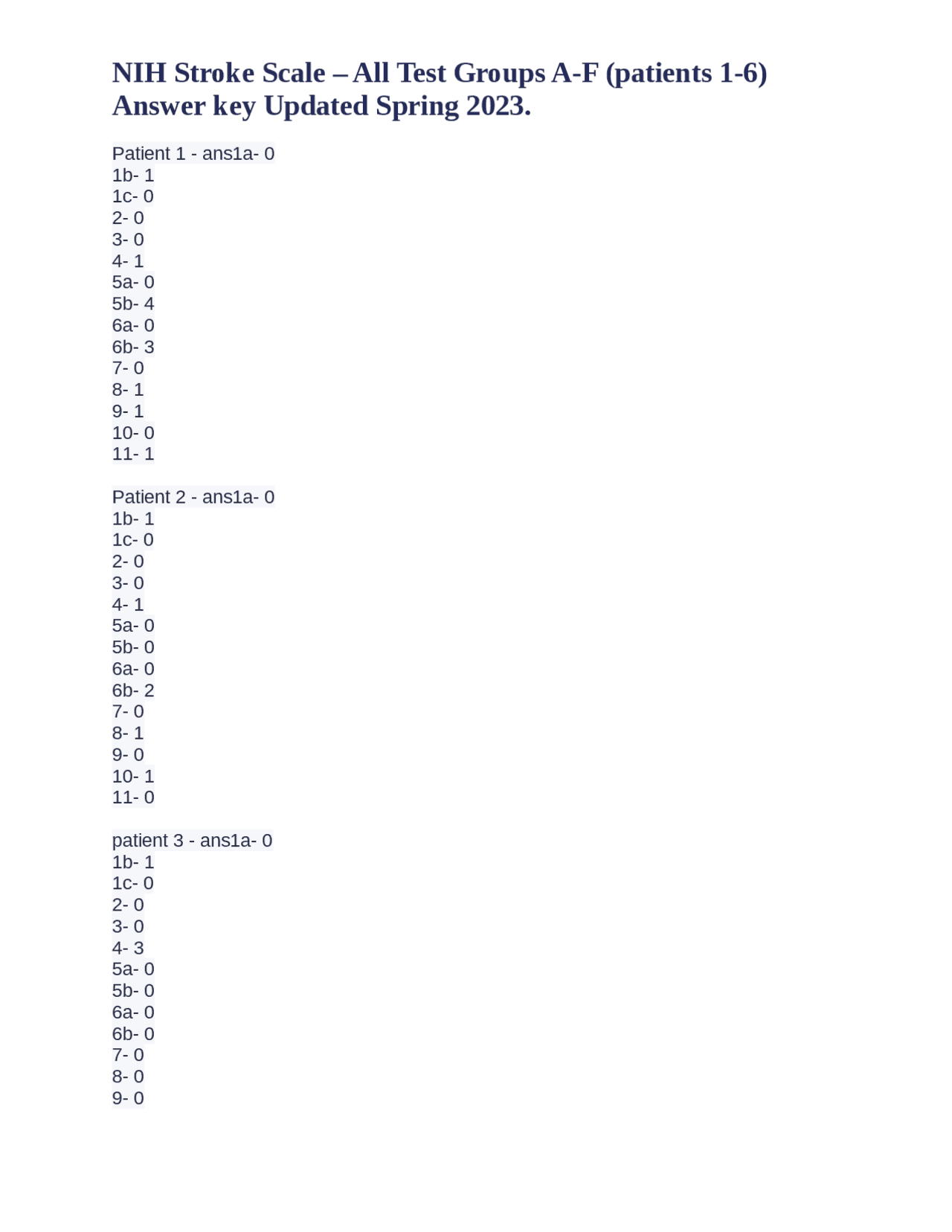 NIH Stroke Scale – All Test Groups A-F (patients 1-6) Answer key ...
