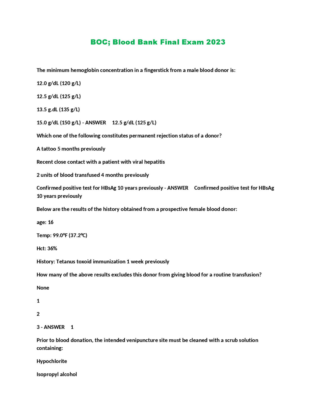 BOC Blood Bank Final Exam 2023/2024 with Answers | Exams Biology | Docsity