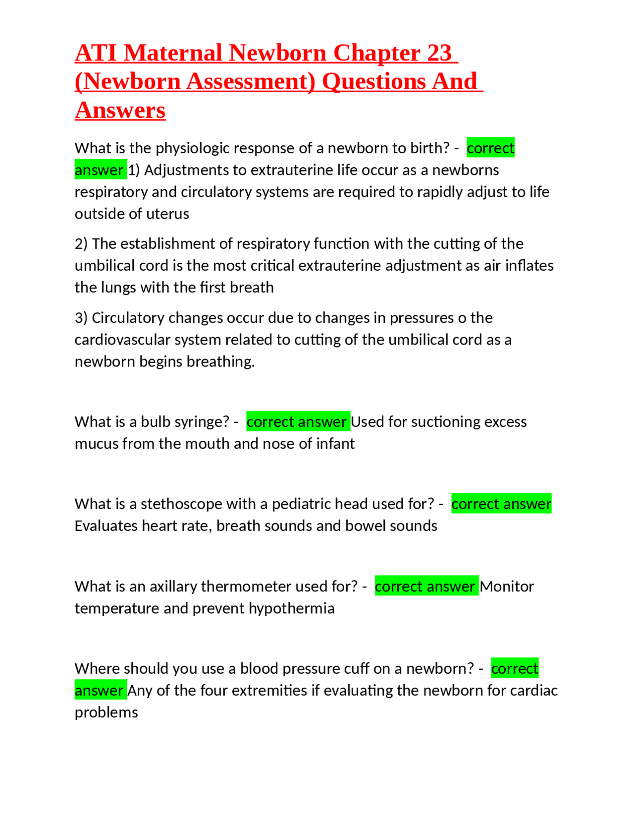 ATI Maternal Newborn Chapter 23 (Newborn Assessment) Questions And ...