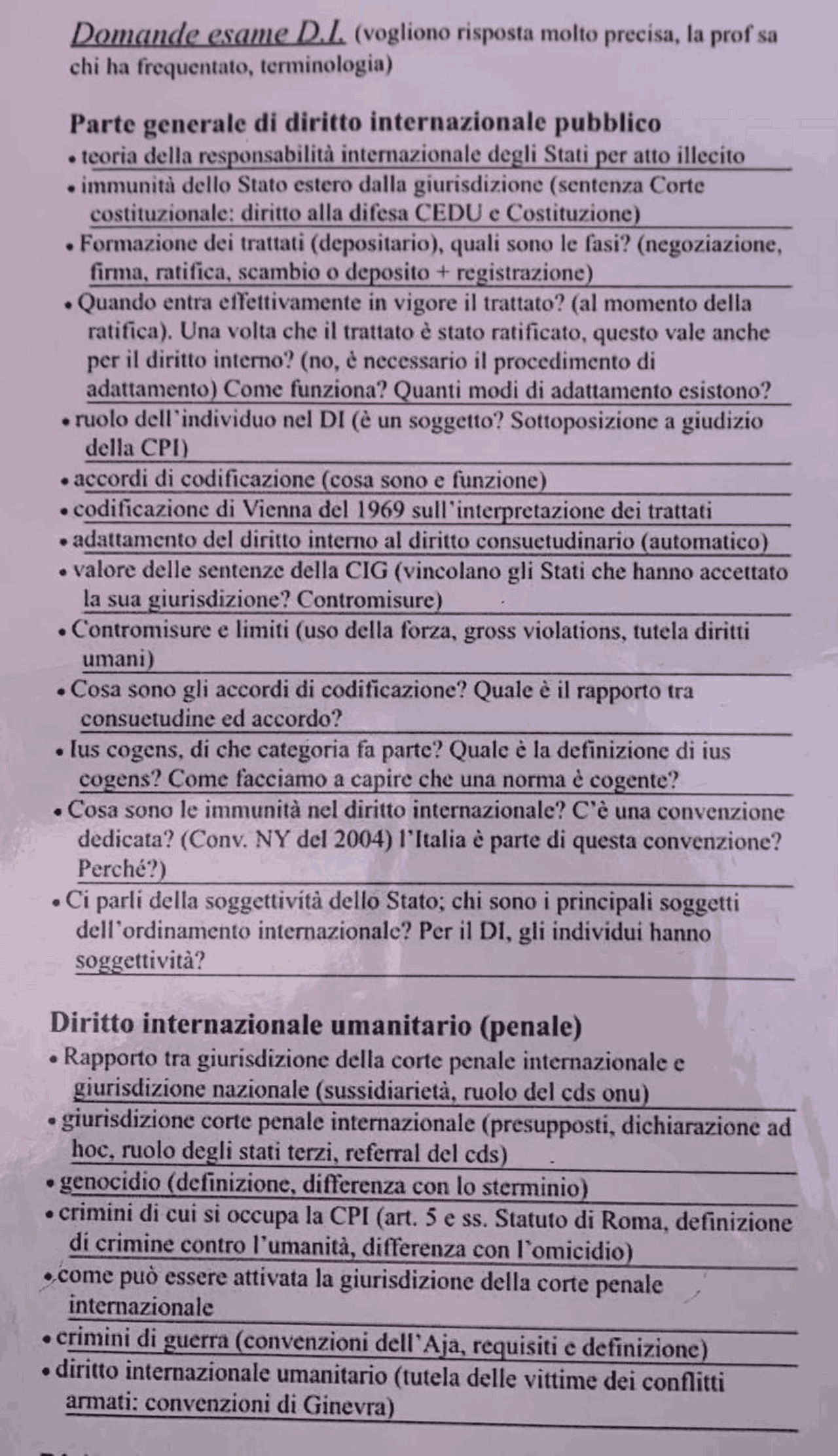Domande Diritto internazionale | Prove d'esame di Diritto Internazionale | Docsity