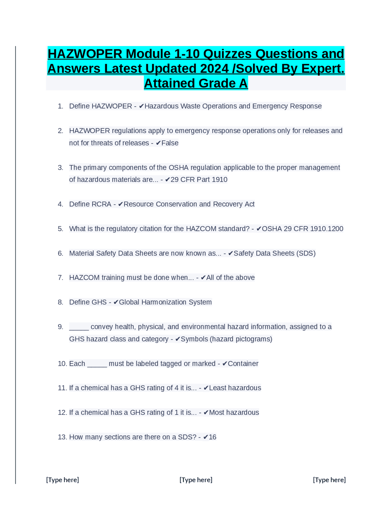 HAZWOPER Module 1-10 Quizzes Questions and Answers Latest Updated 2024 ...