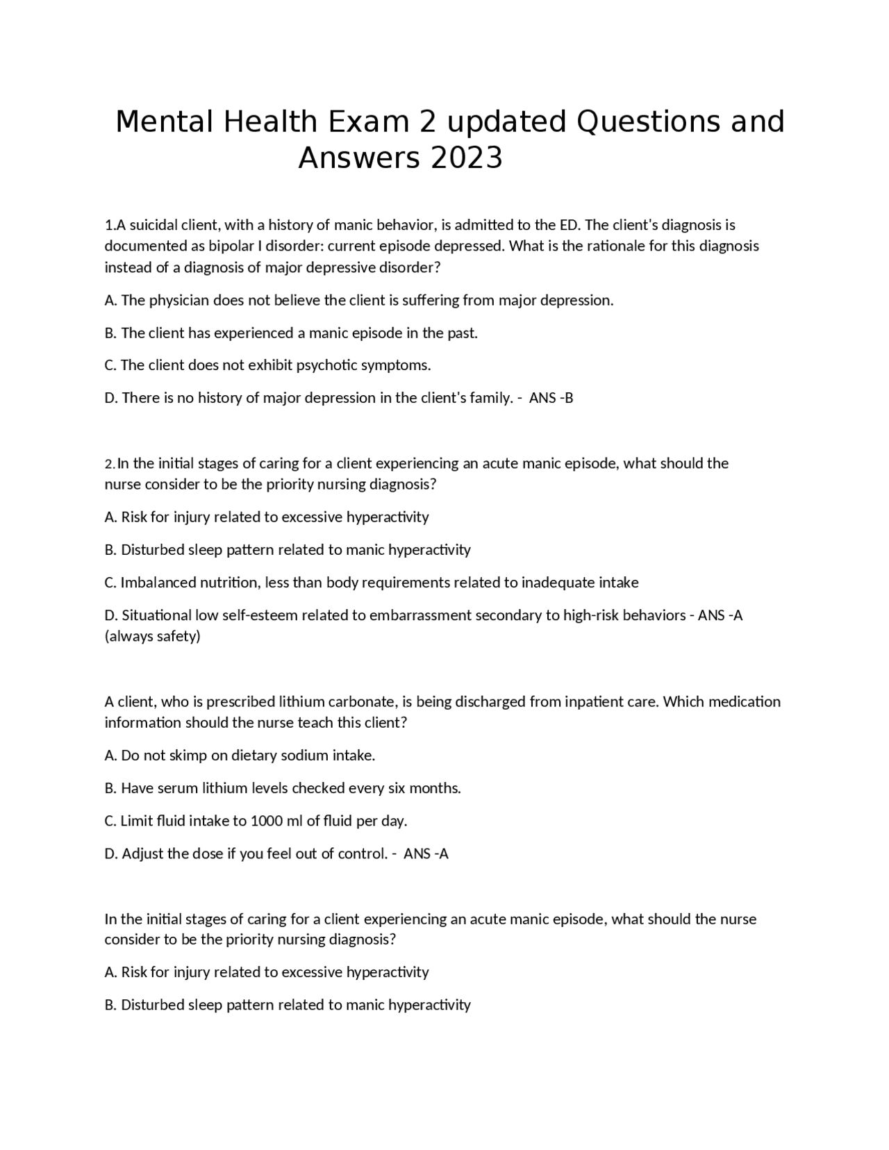 Mental Health Exam 2 updated Questions and Answers 2023-2024 Graded A+ ...
