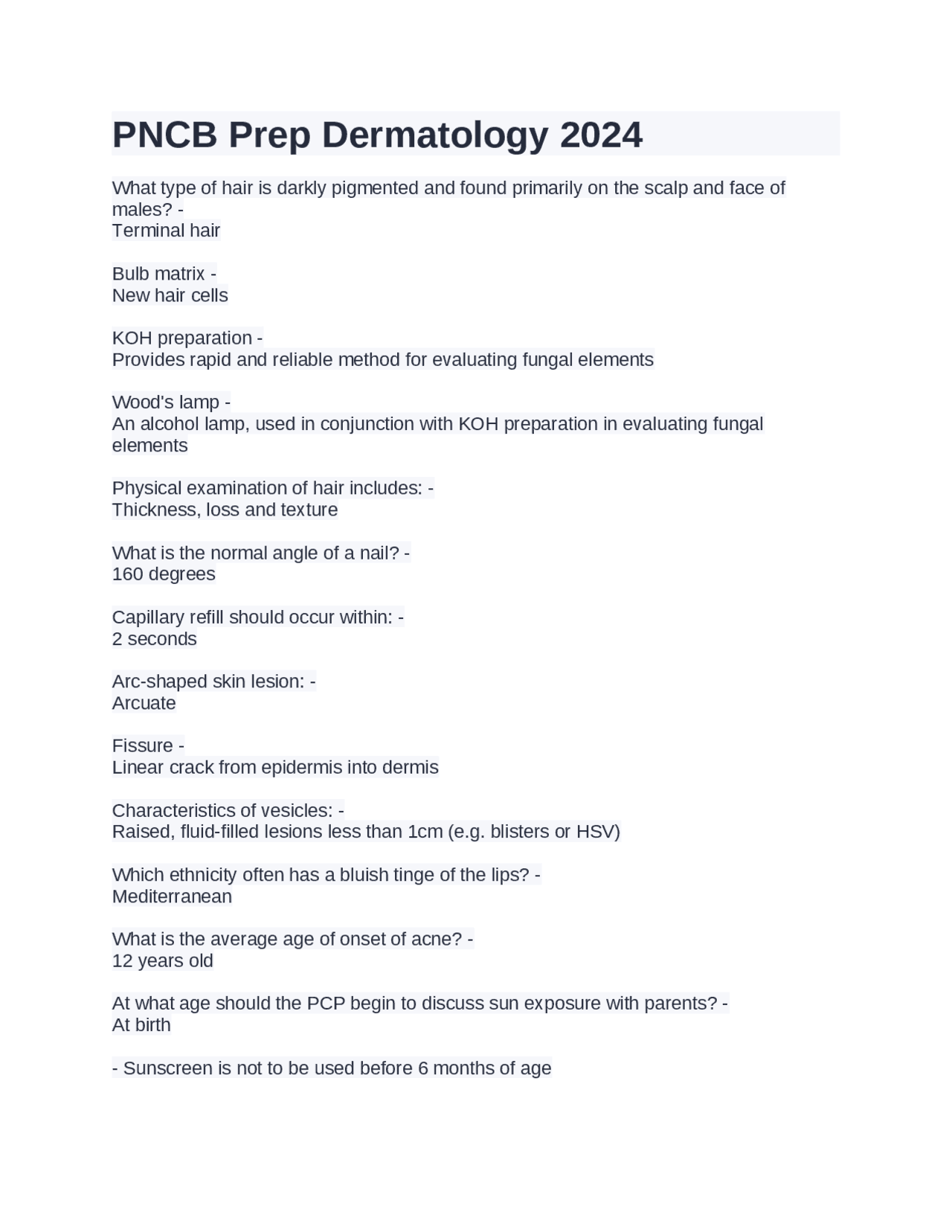 Dermatology Study Notes | Exams Nursing | Docsity