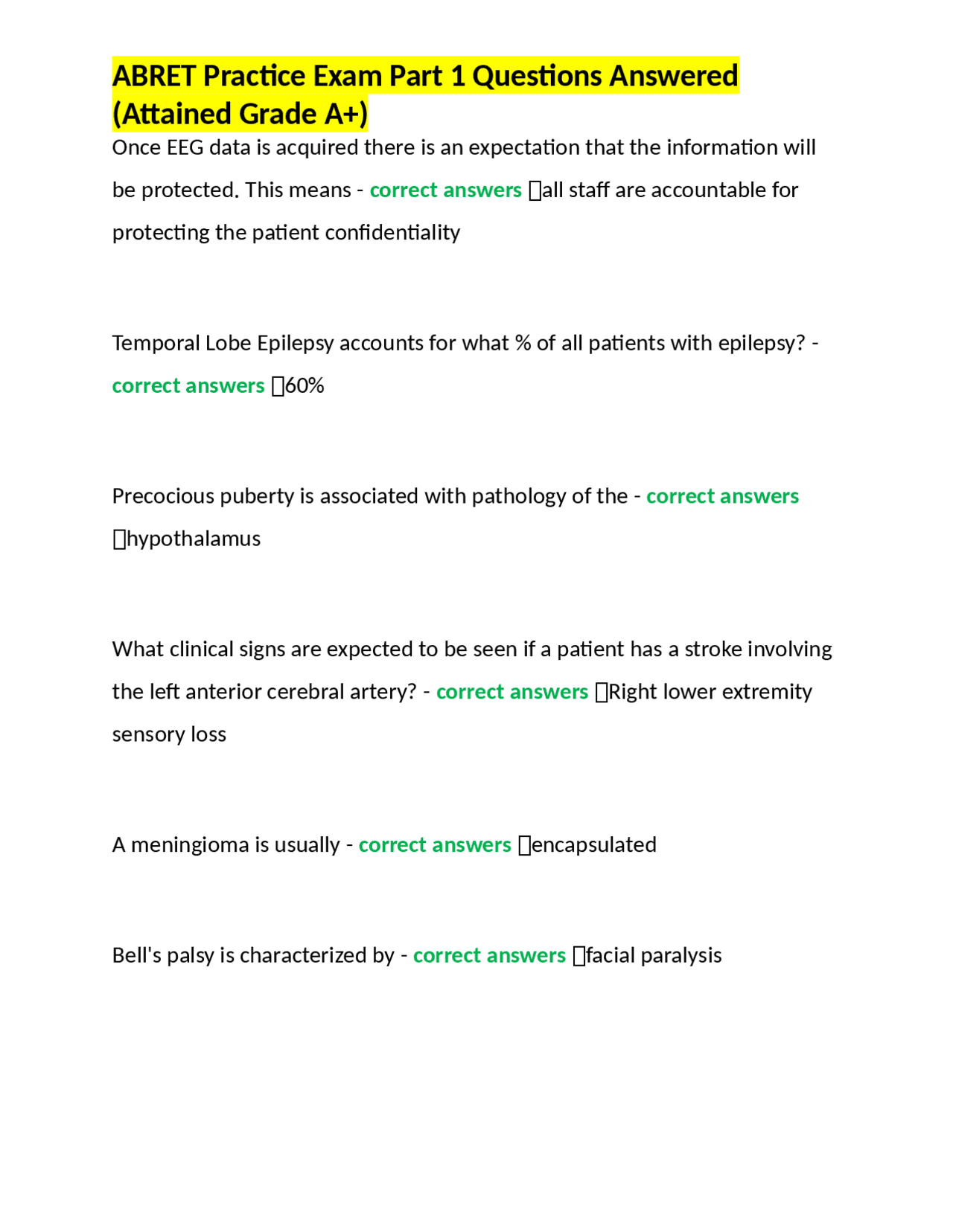 ABRET Practice Exam Part 1 Questions Answered | Exams Nursing | Docsity