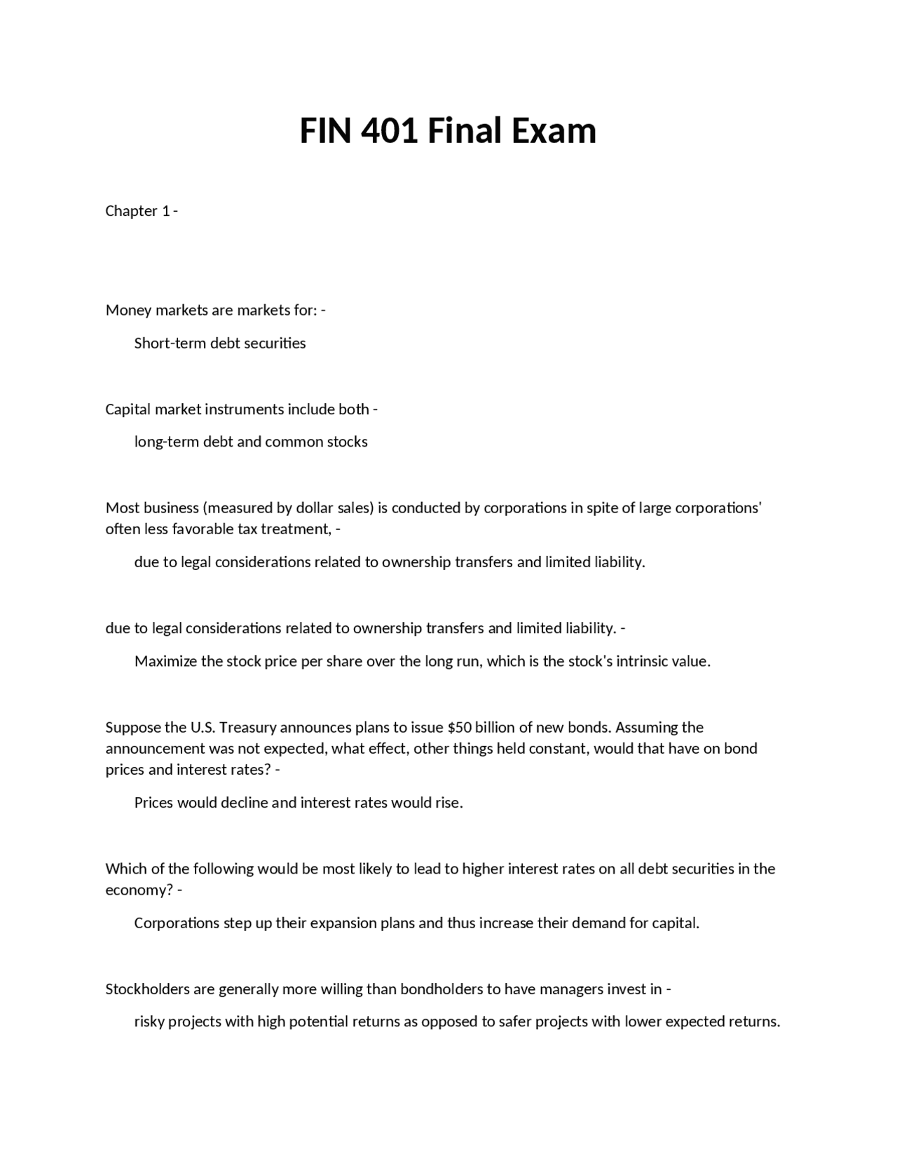 Finance Exam Review | Exams Business Finance | Docsity