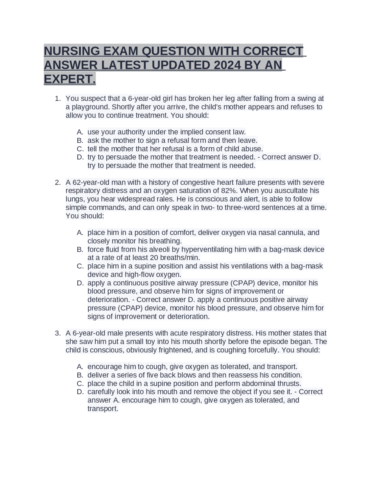 NURSING EXAM QUESTION WITH CORRECT ANSWER LATEST UPDATED 2024 BY AN ...
