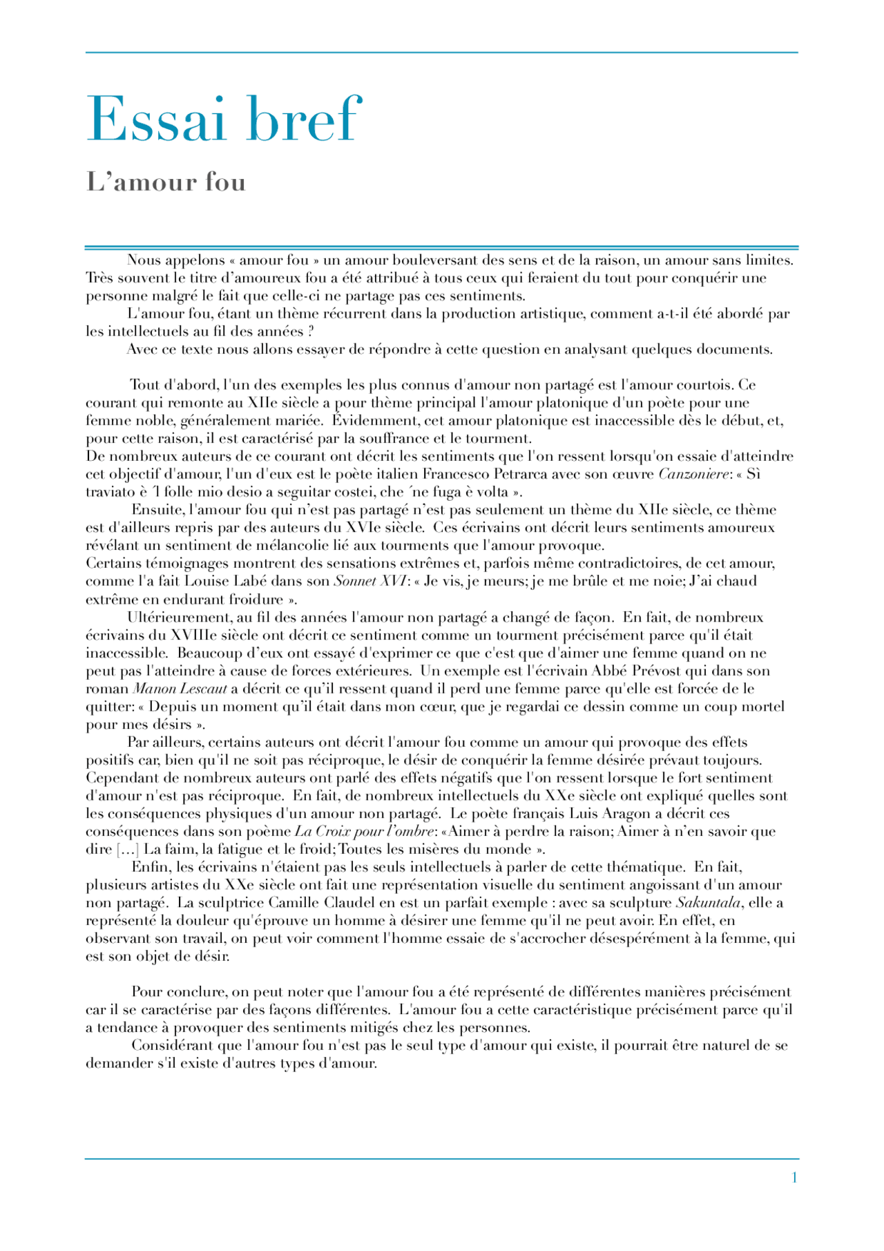 Essai bref di francese per esabac | Prove d'esame di Francese | Docsity