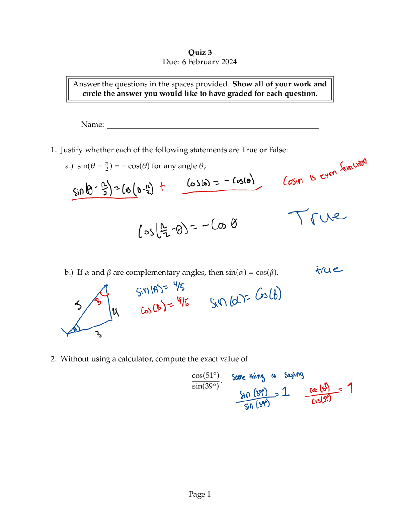 Quiz 3- trigonometry | Quizzes Trigonometry | Docsity