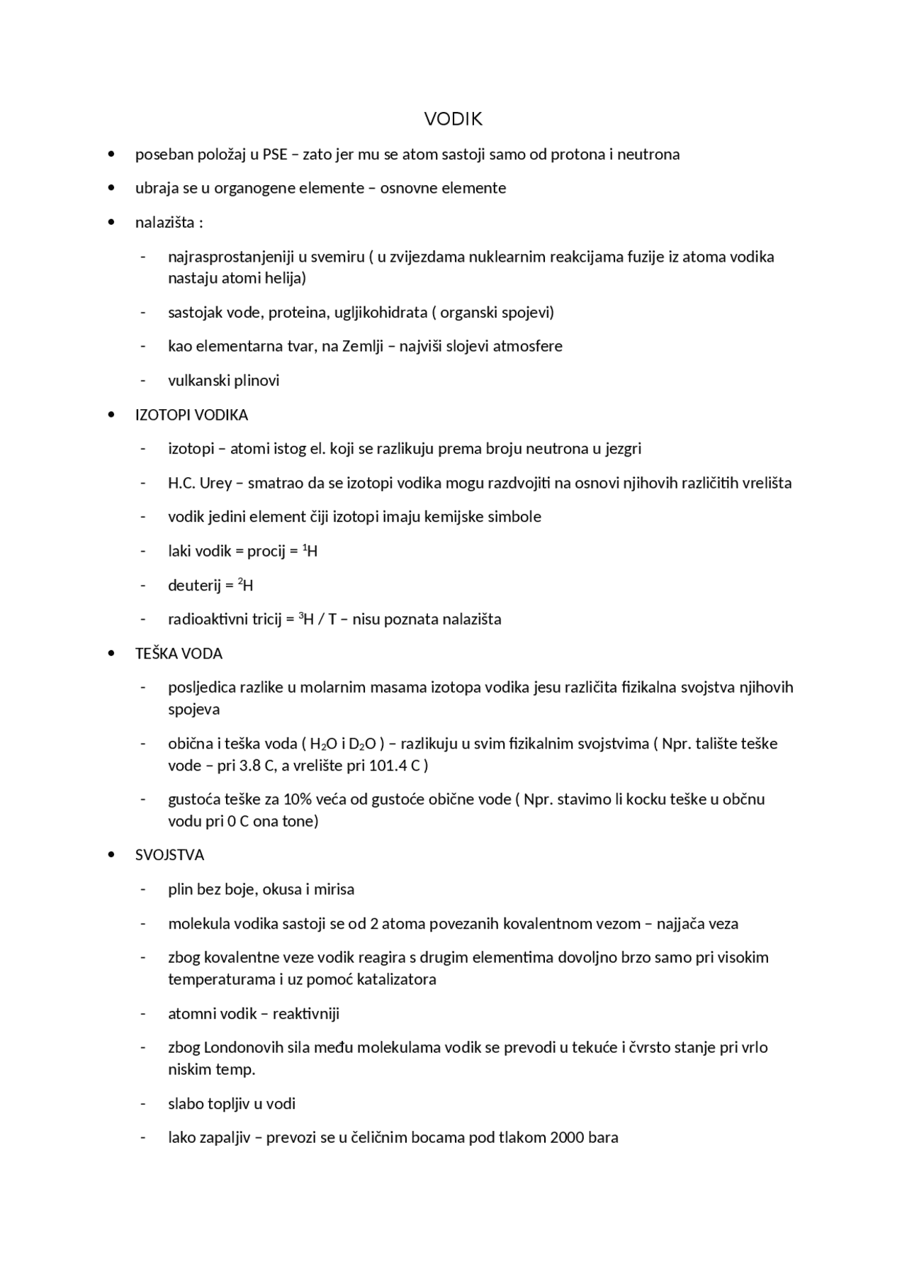Vodik - općenito o vodiku, fizikalna svojstva | Beleške od Hemija | Docsity