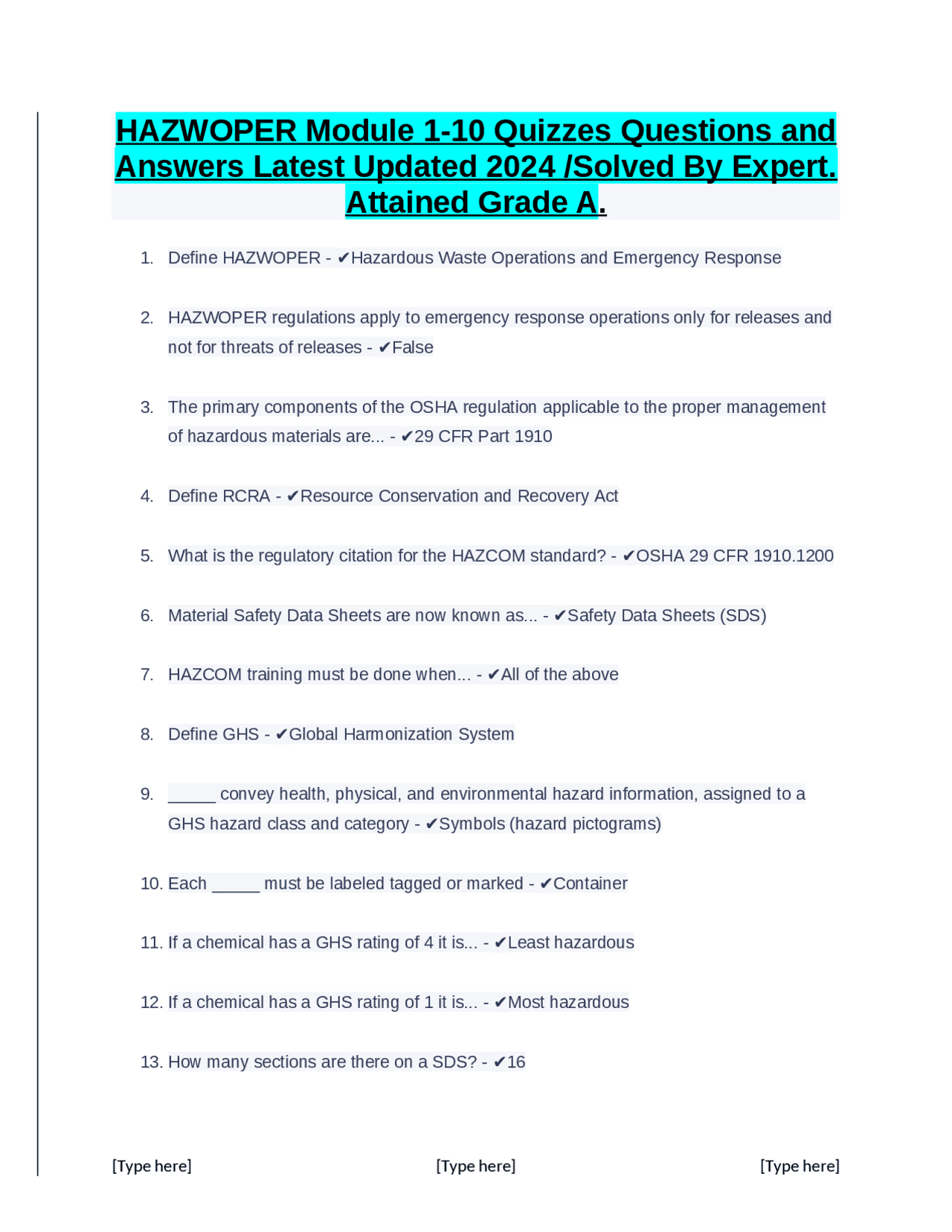 HAZWOPER Module 1-10 Quizzes Questions and Answers Latest Updated 2024 ...