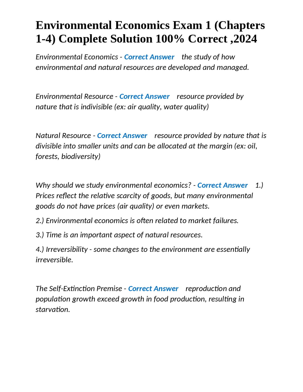 Environmental Economics Exam 1 (Chapters 1-4) Complete Solution 100% ...