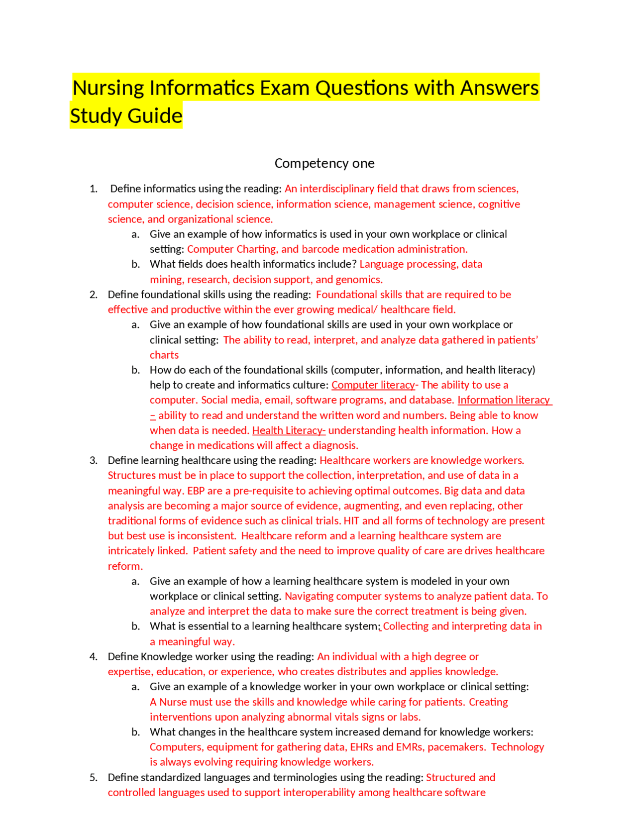 Nursing Informatics Exam Questions and Answers Study Guide | Exams ...