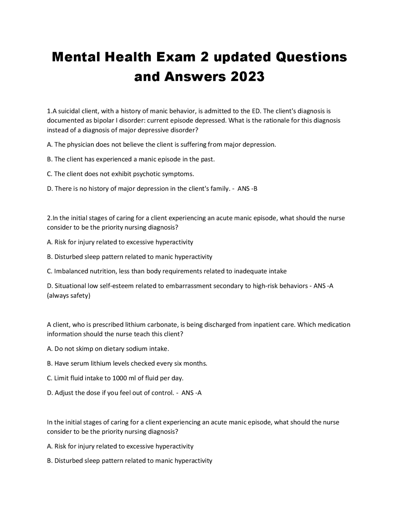 Mental Health Exam 2 updated Questions and Answers 2023-2024 Graded A+ ...