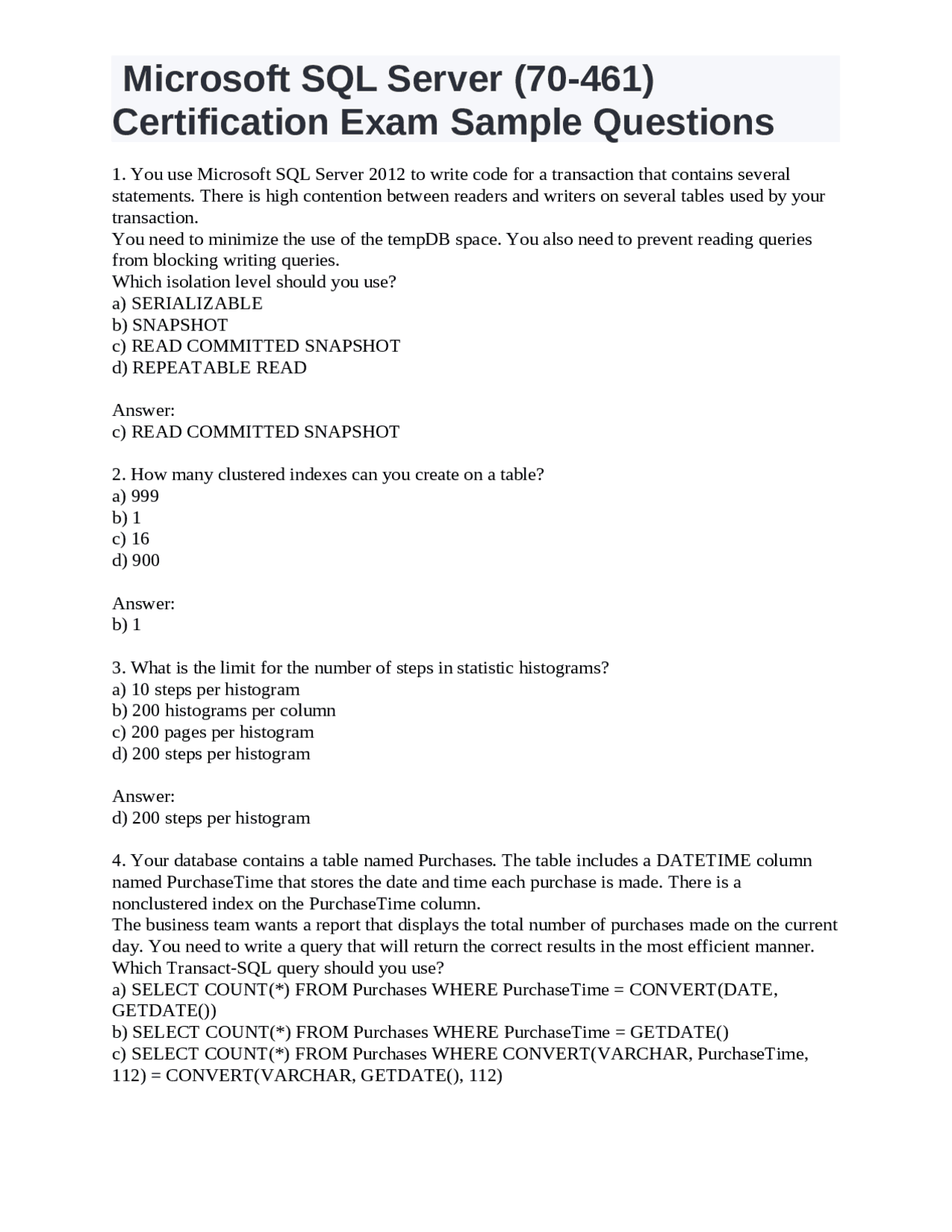 Microsoft SQL Server (70-461) Certification Exam Sample Questions | Exams Relational Database ...