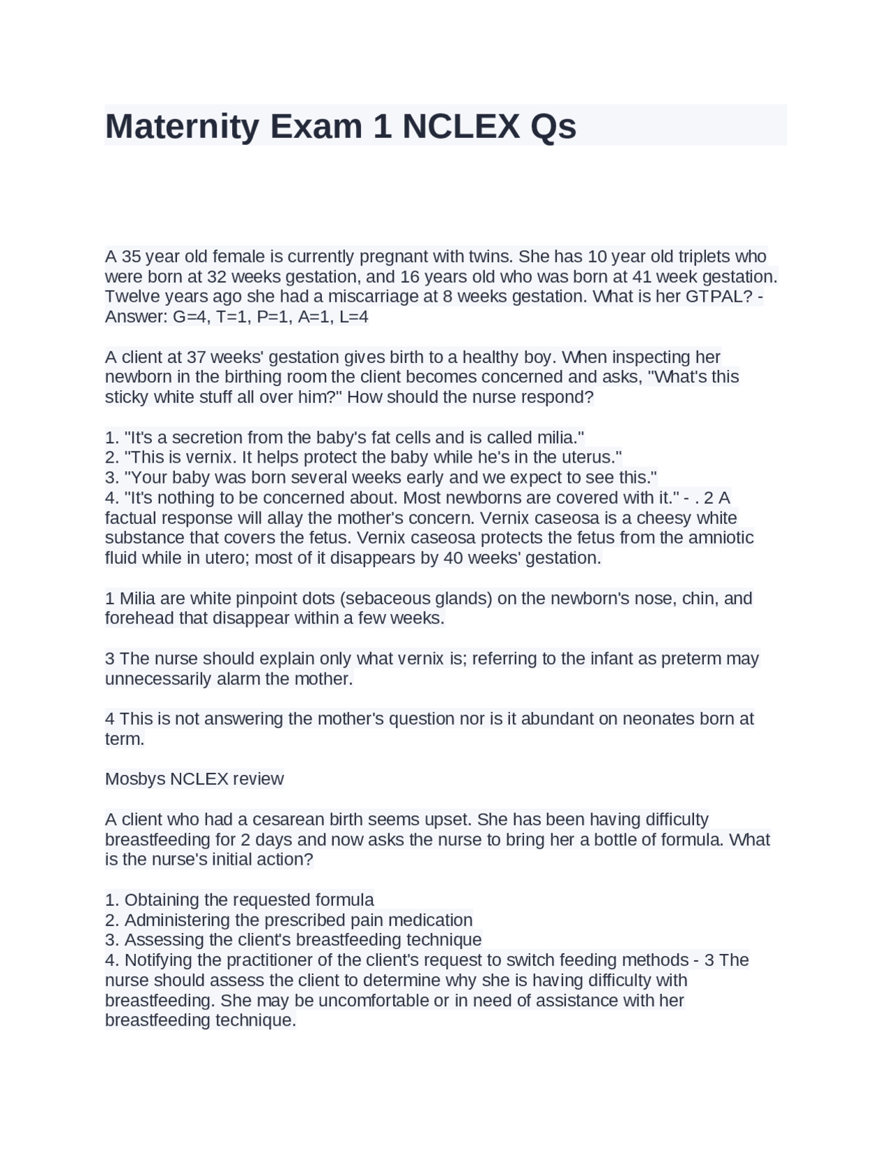 Maternity Exam 1 NCLEX Qs latest 2024 graded A | Exams Nursing | Docsity