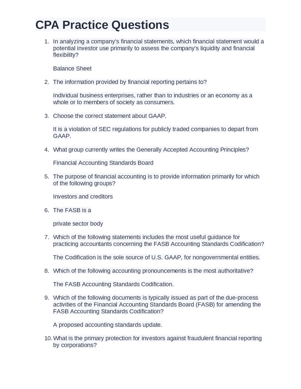 CPA Practice Questions and Answers | Exams Accounting | Docsity