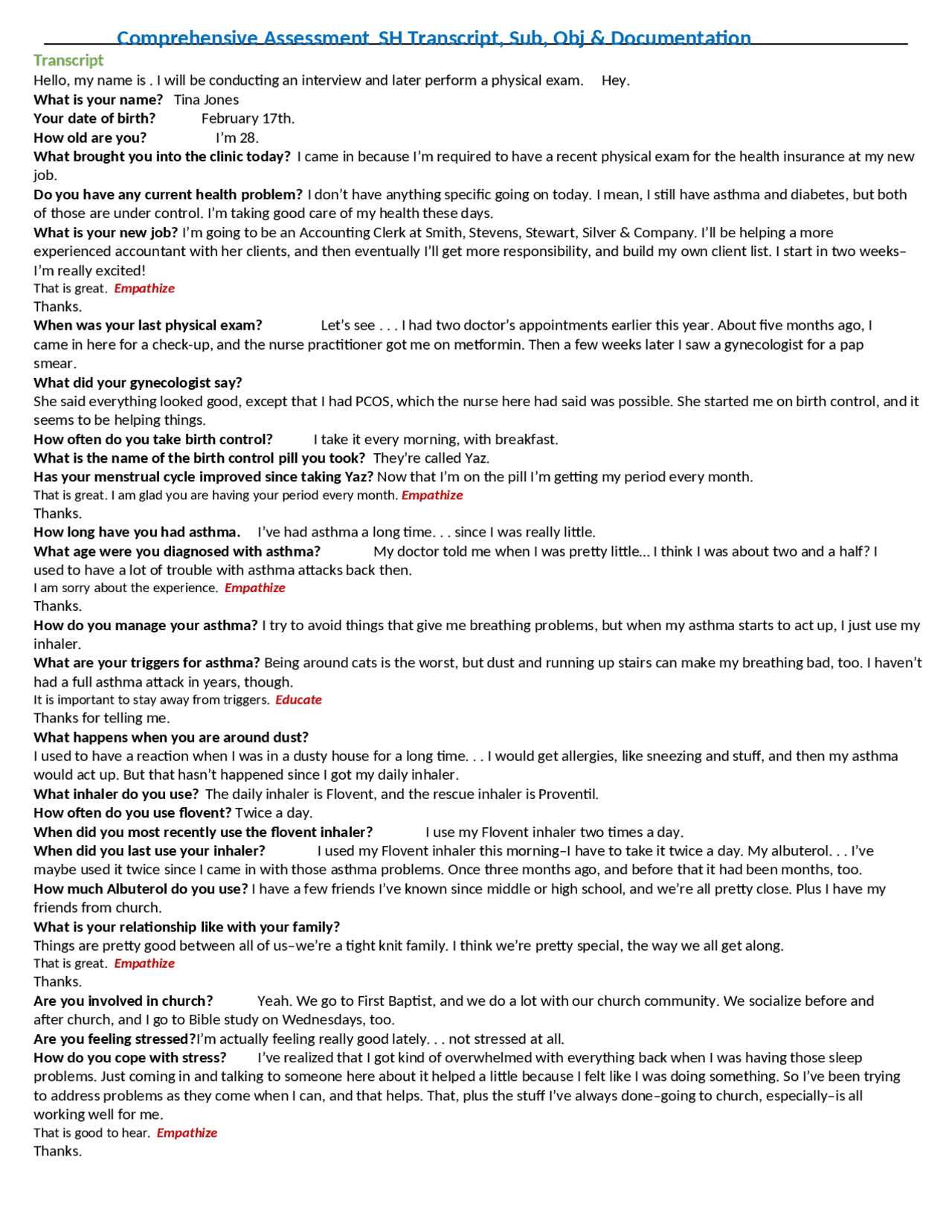 Comprehensive Assessment SH Transcript, Sub, Obj & Documentation | Lab ...