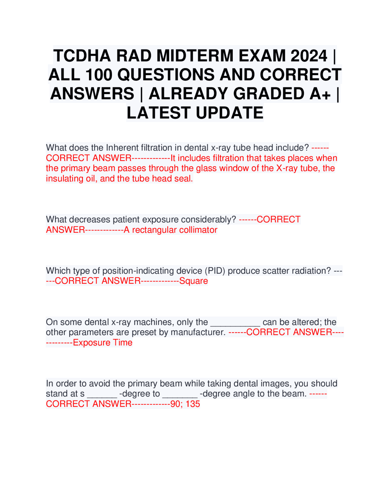 TCDHA RAD MIDTERM EXAM 2024 | ALL 100 QUESTIONS AND CORRECT ANSWERS ...
