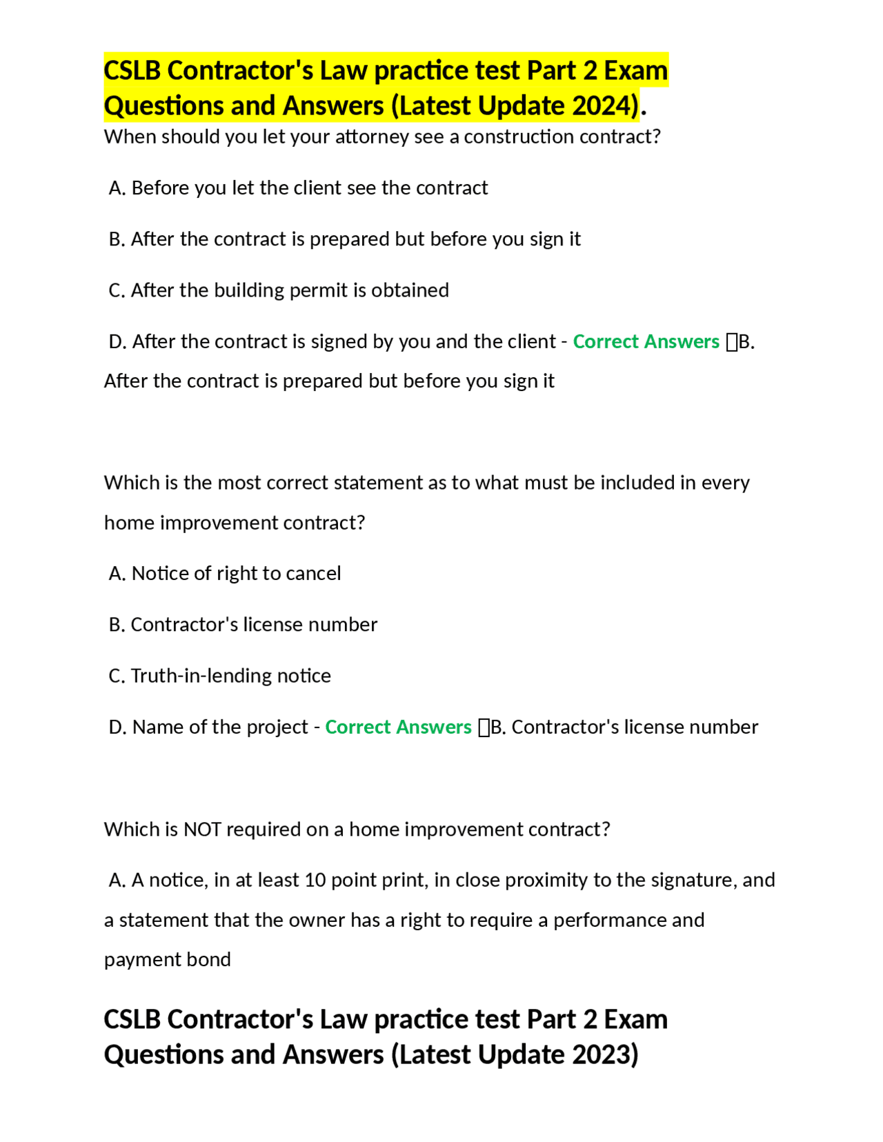 CSLB Contractor's Law practice test Part 2 Exam Questions and Answers ...