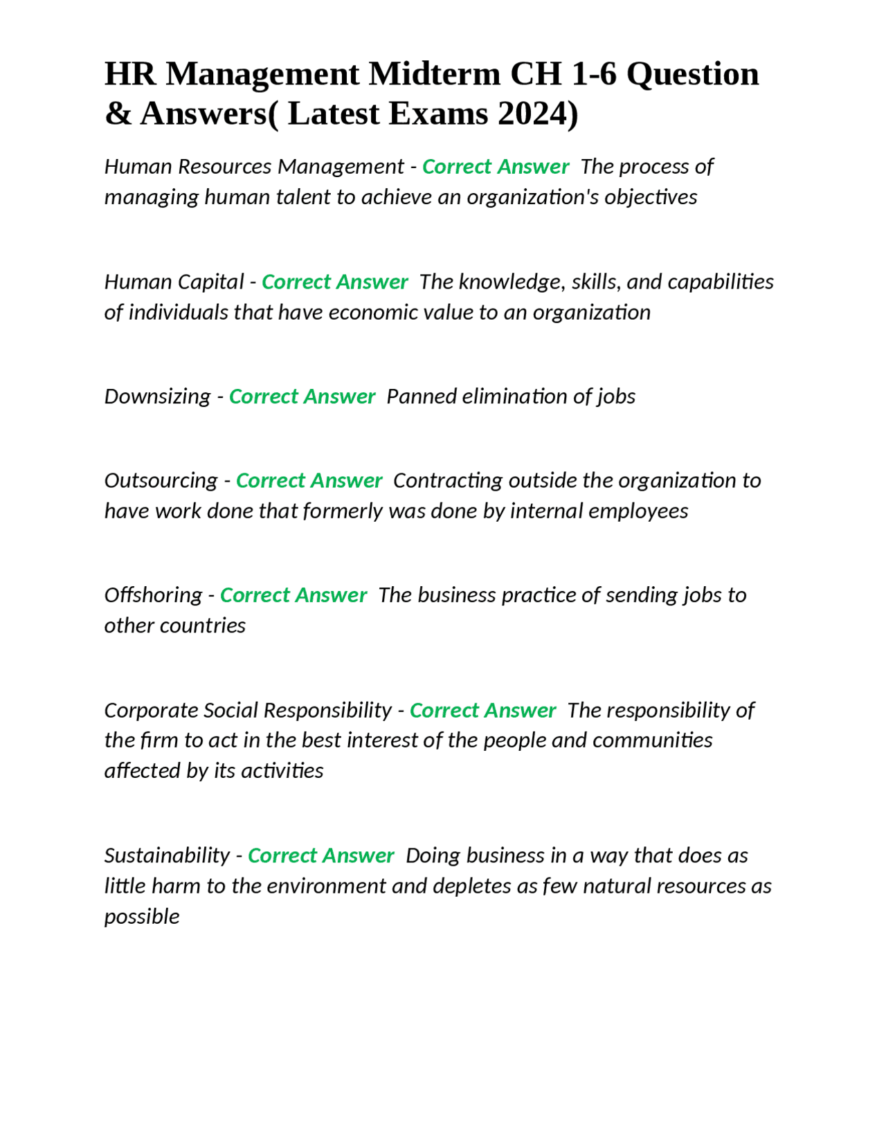 Human Resources Management Midterm Questions and Answers | Exams ...