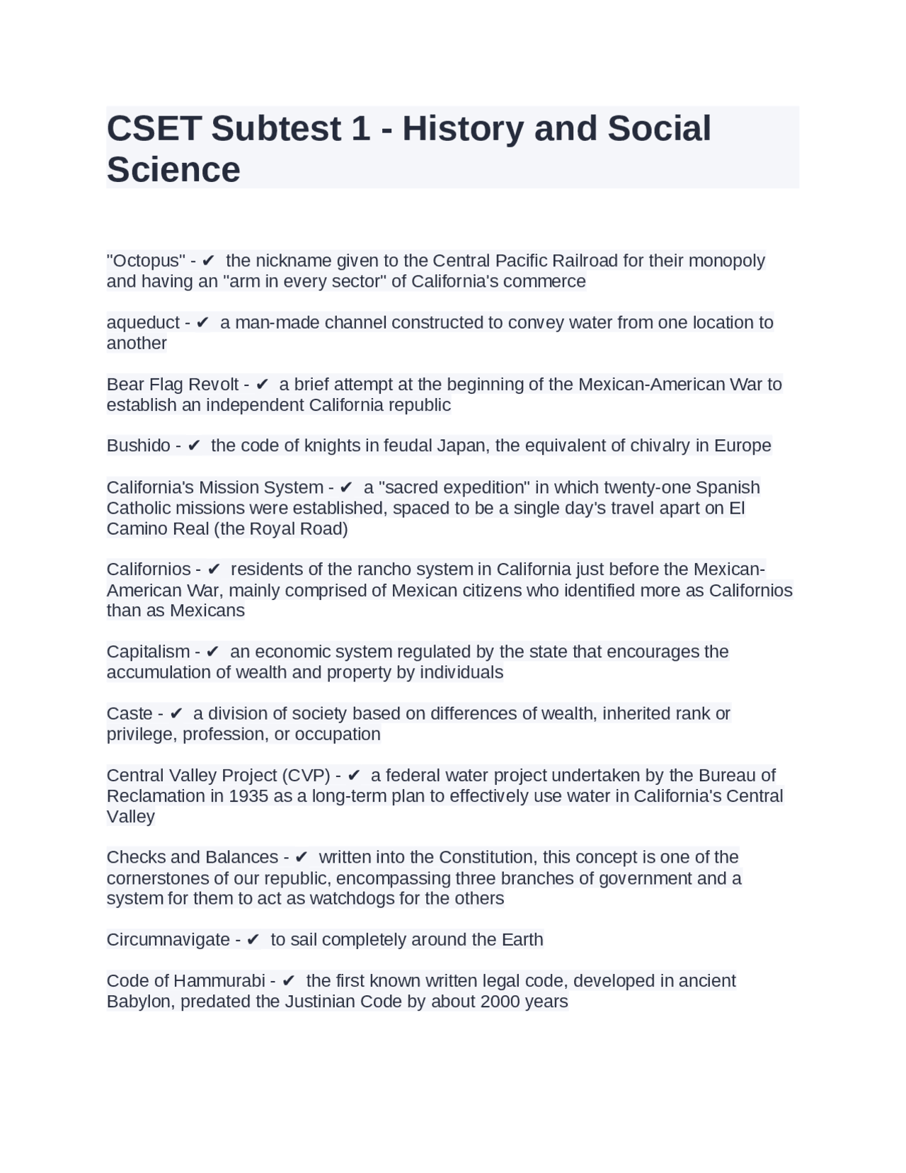 CSET Subtest 1 - History and Social Science | Exams History | Docsity