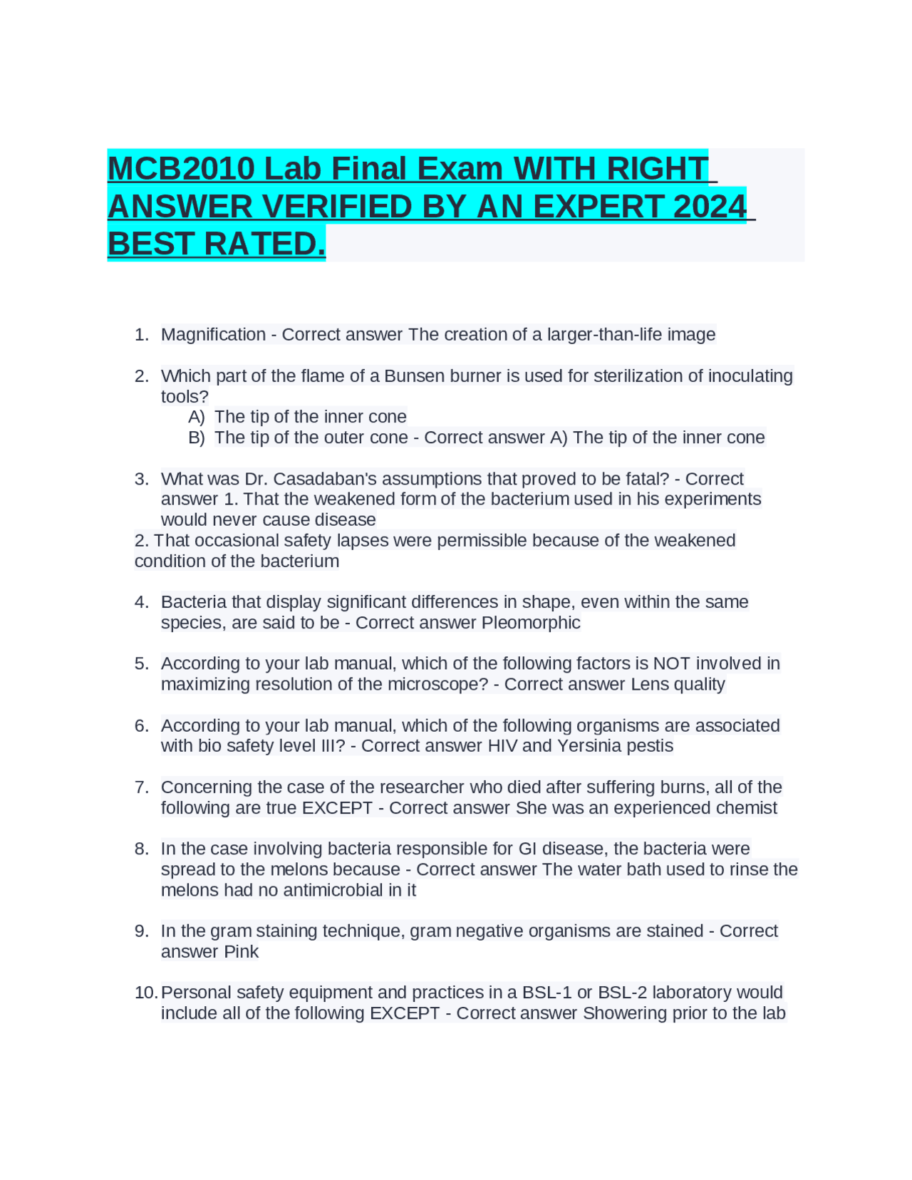 MCB2010 Lab Final Exam | Exams Biology | Docsity