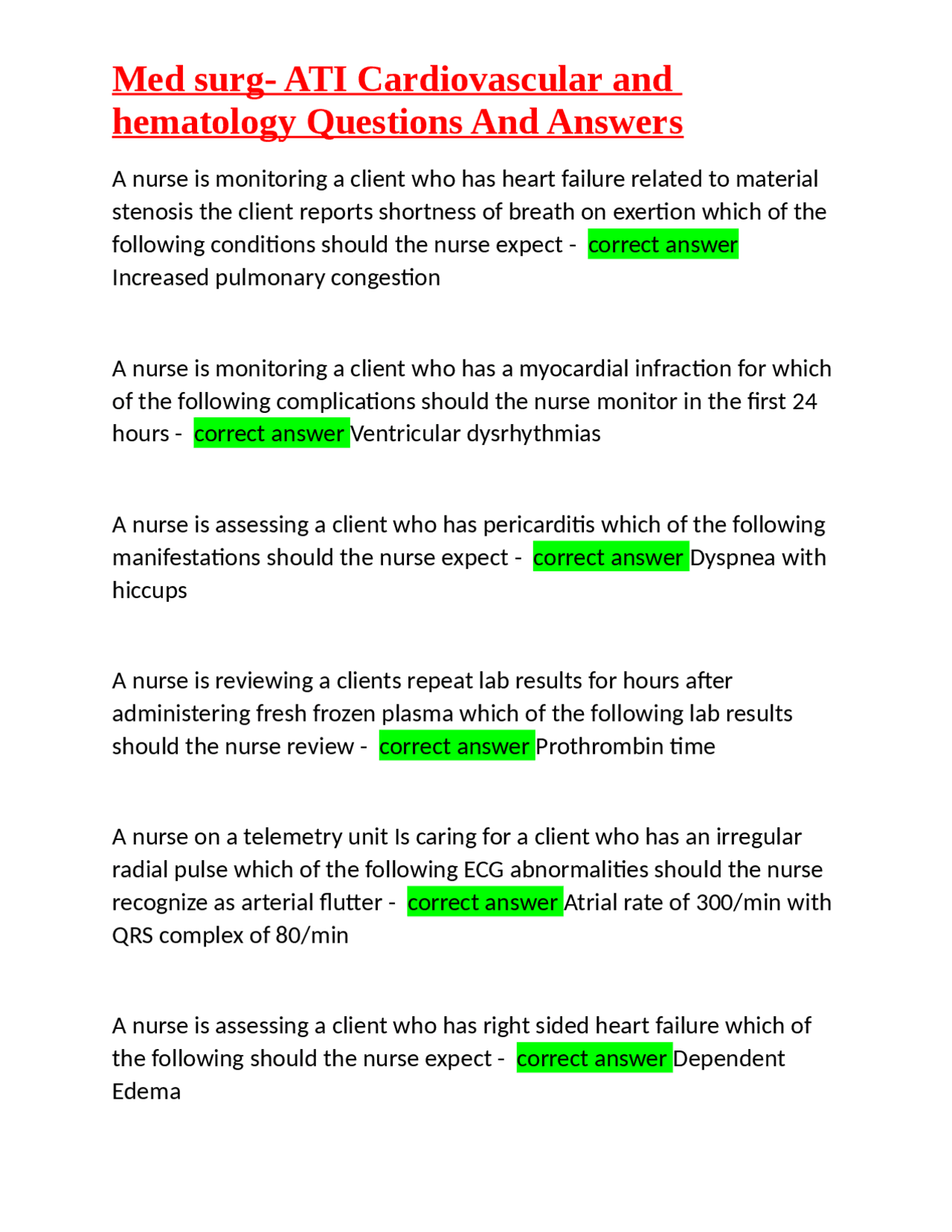 Med surg- ATI Cardiovascular and hematology Questions And Answers ...