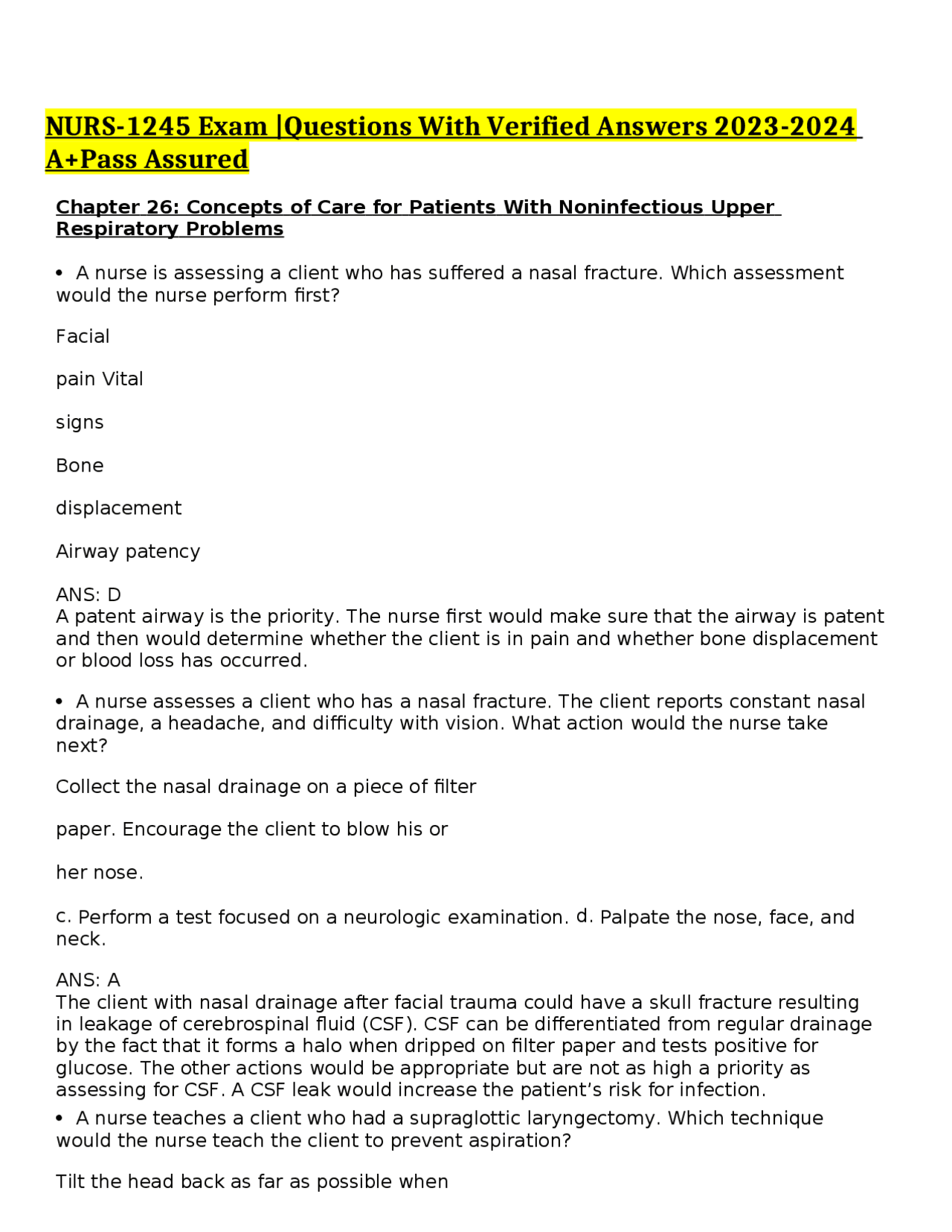 NURS-1245 Exam Questions and Answers | Exams Nursing | Docsity