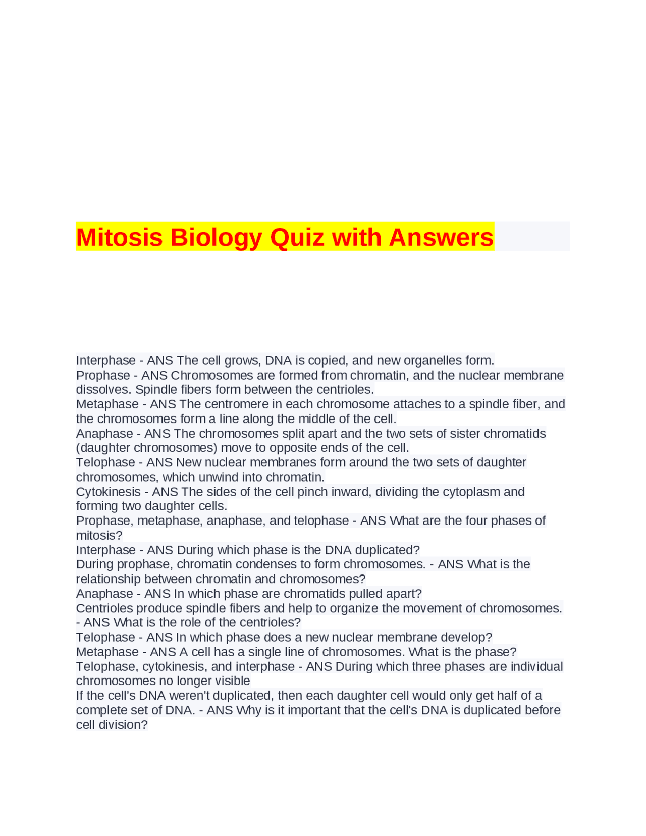 Mitosis Biology Quiz with Answers | Exercises Biology | Docsity
