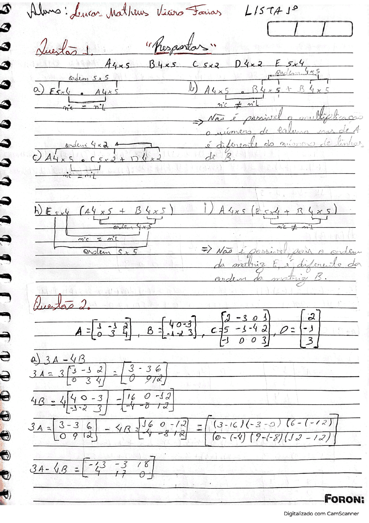 Lista 1 unidade 1 álgebra linear | Exercícios Álgebra | Docsity