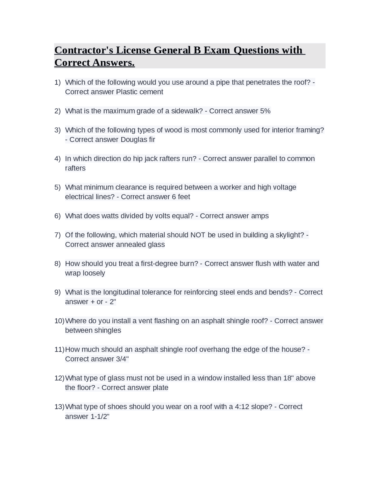 Contractor's License General B Exam Questions with Correct Answers ...