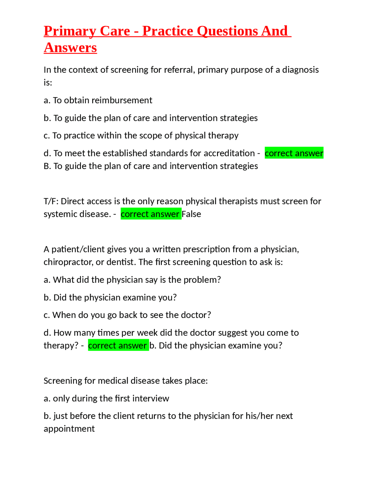 Primary Care - Practice Questions And Answers | Exams Nursing | Docsity