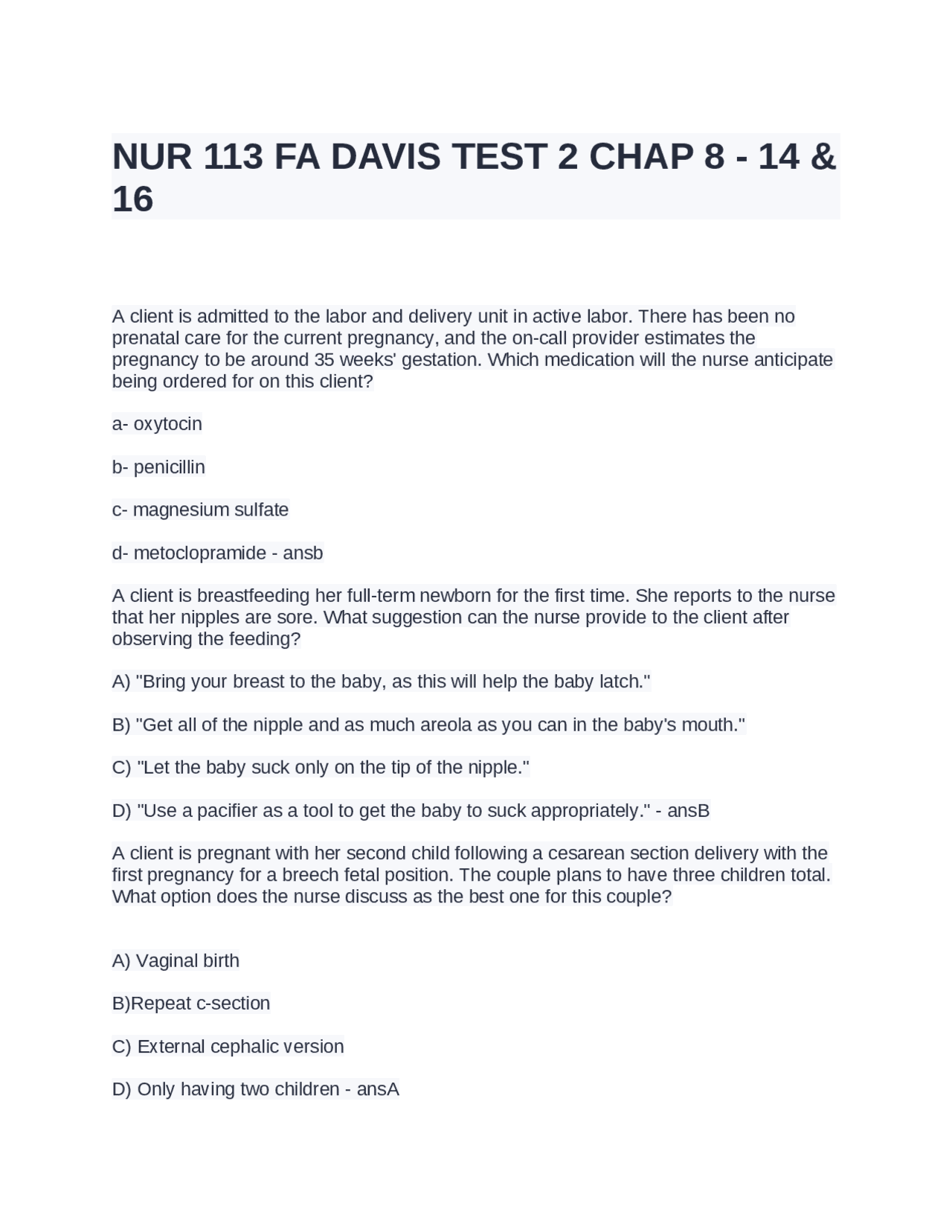 NUR 113 FA DAVIS TEST 2 CHAP 8 - 14 & 16 | Exams Nursing | Docsity