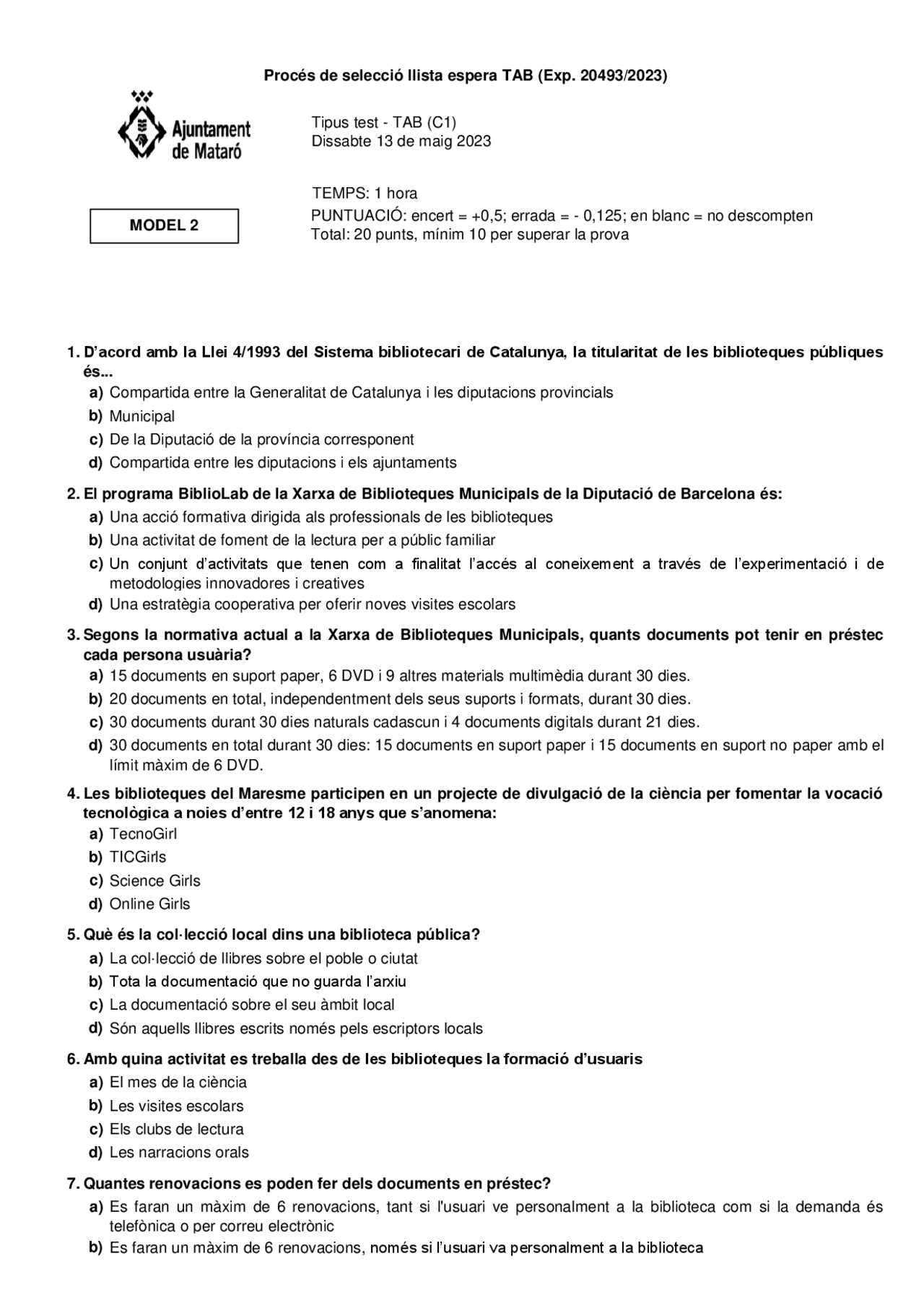 Examen auxiliar biblioteca model 2 | Exámenes de Humanidades y Ciencias ...