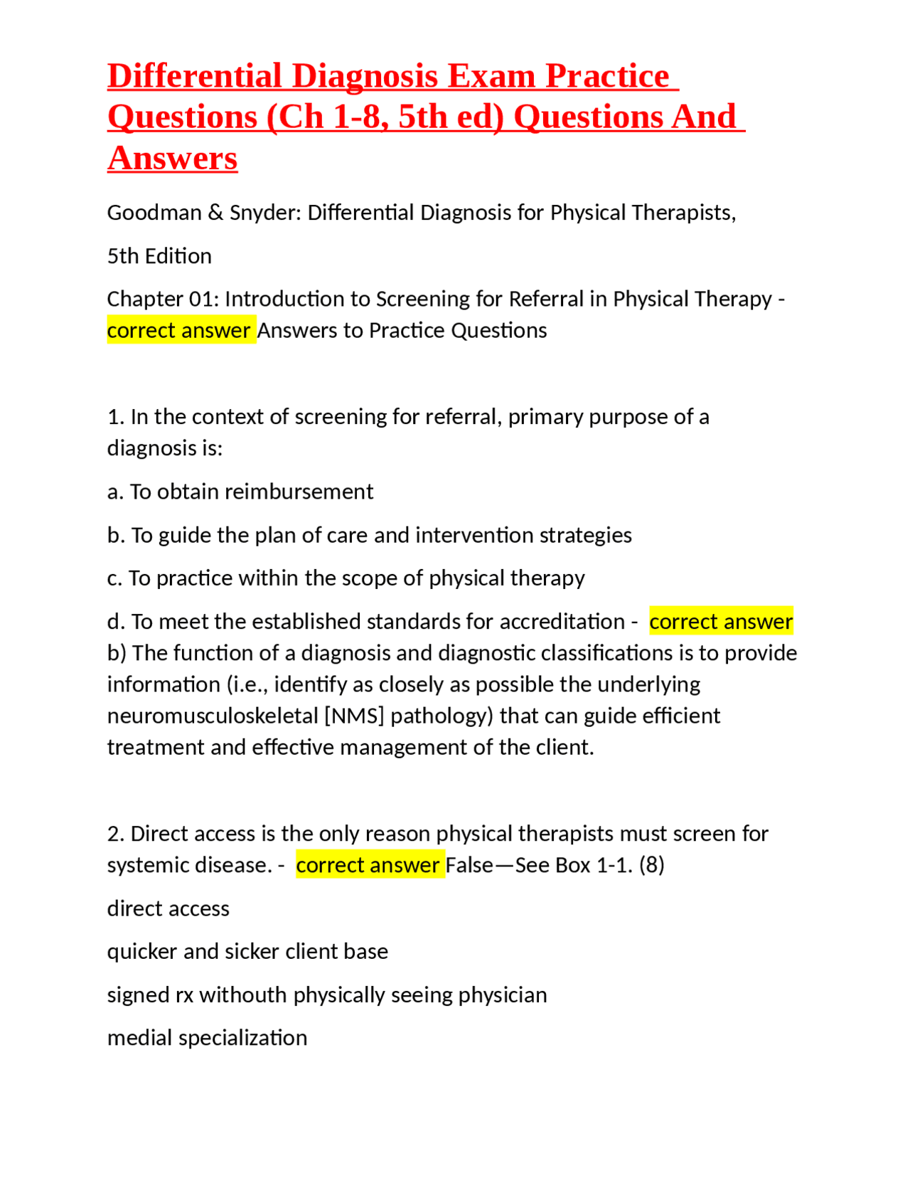 Differential Diagnosis Exam Practice Questions (Ch 1-8, 5th ed ...