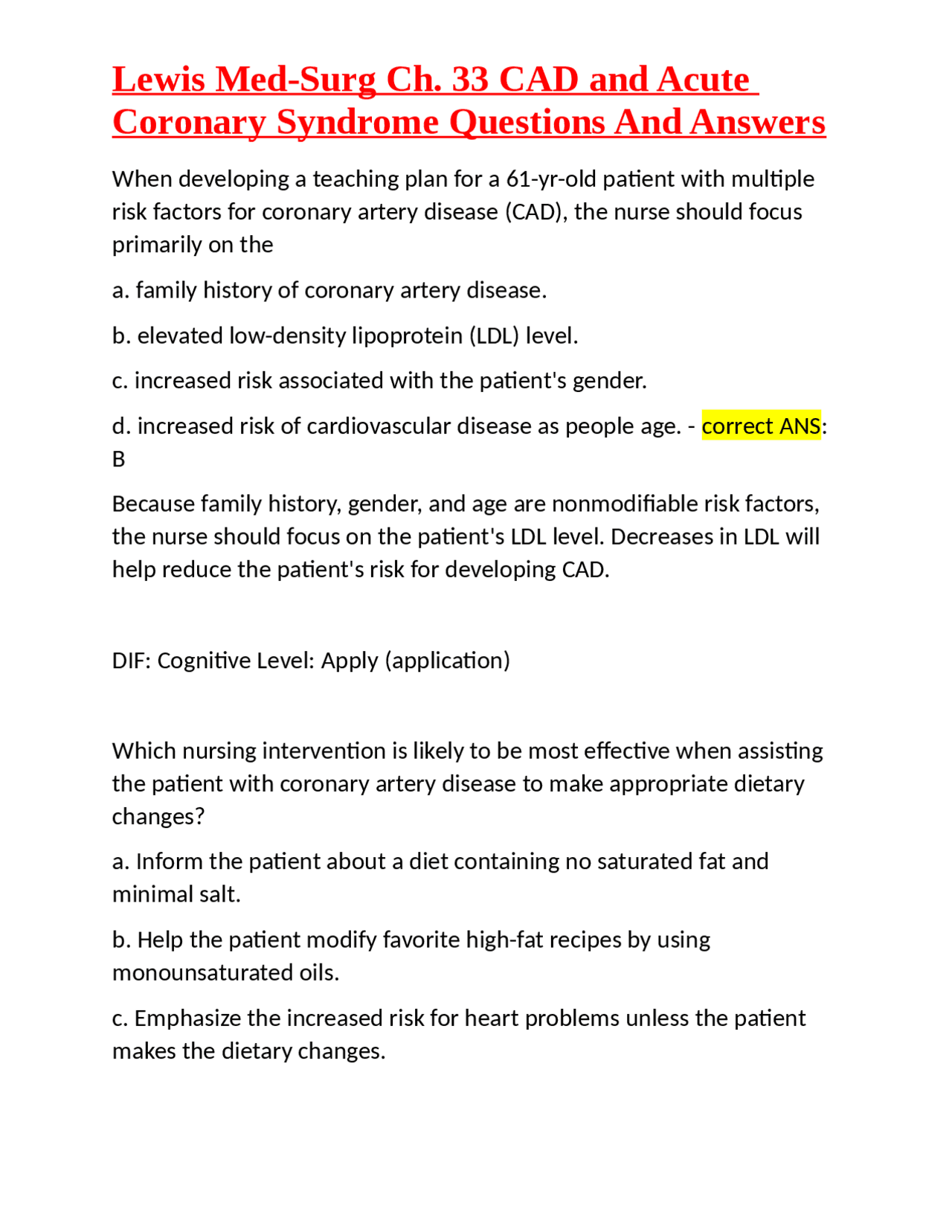 Lewis Med-Surg Ch. 33 CAD and Acute Coronary Syndrome Questions And ...