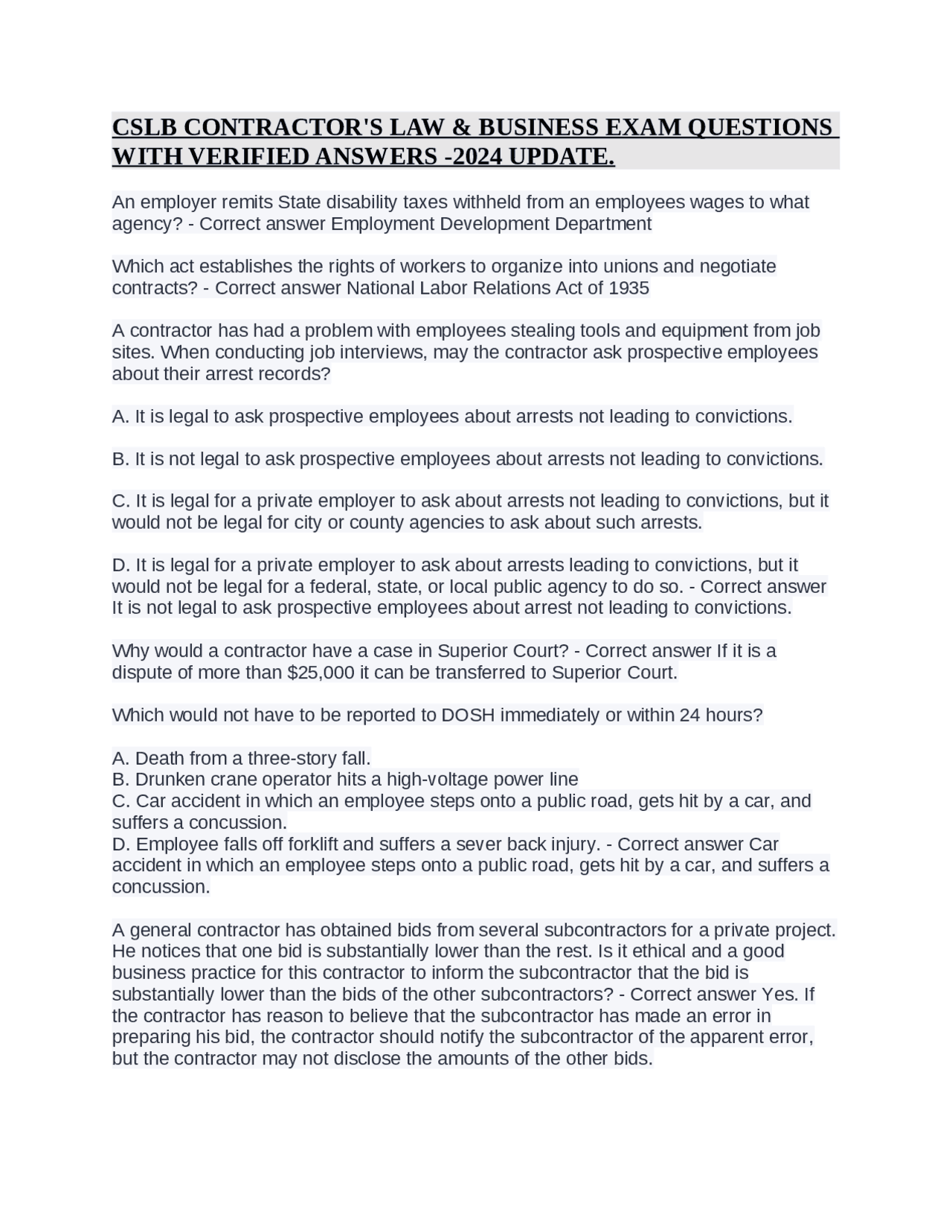 CSLB CONTRACTOR'S LAW & BUSINESS EXAM QUESTIONS WITH VERIFIED ANSWERS ...