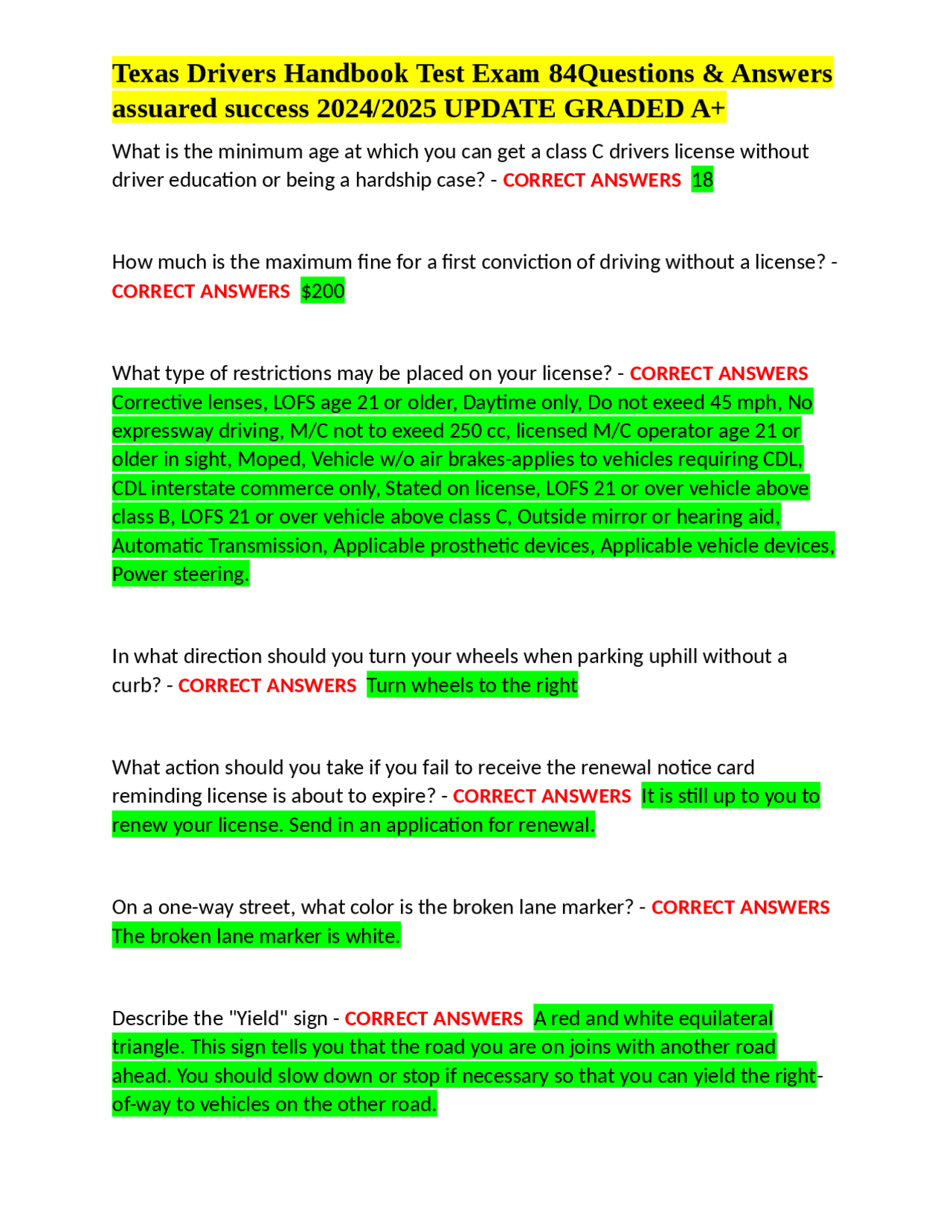 Texas Drivers Handbook Test Exam 84Questions & Answers assuared success ...