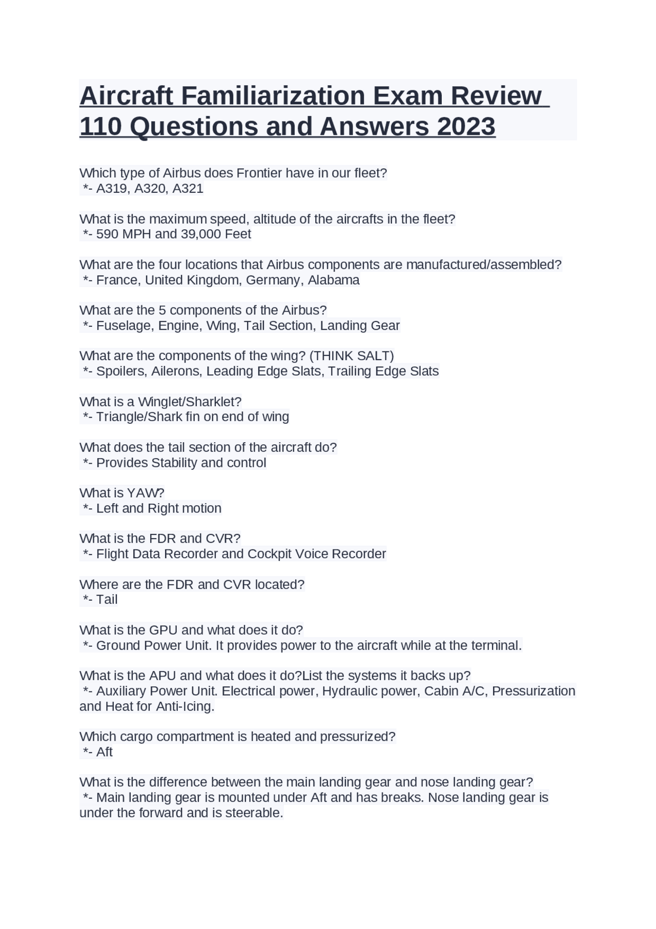 Aircraft Familiarization Exam Review 110 Questions and Answers 2023 ...
