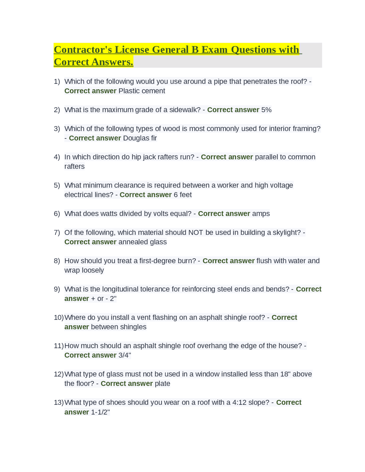 Contractor's License General B Exam Questions with Correct Answers ...