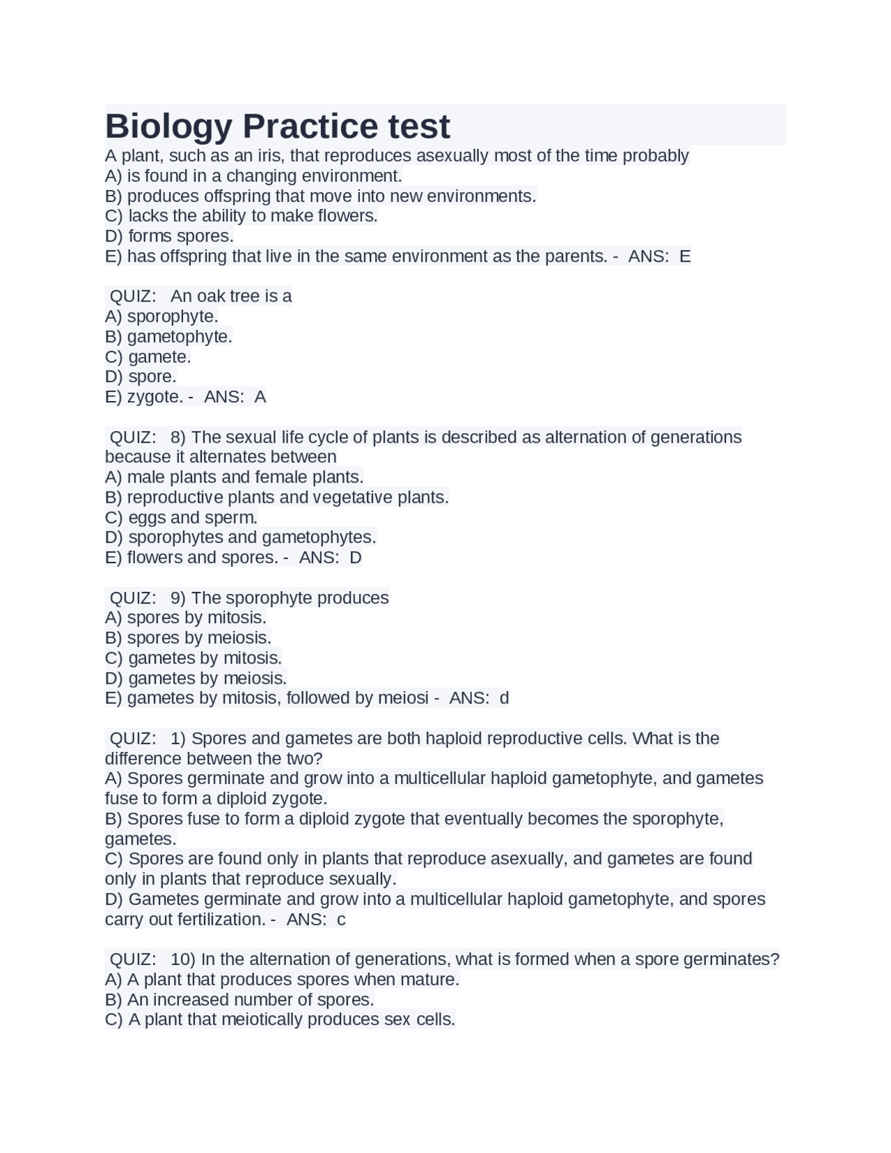 Biology Practice Test and Quiz Questions | Exams Nursing | Docsity