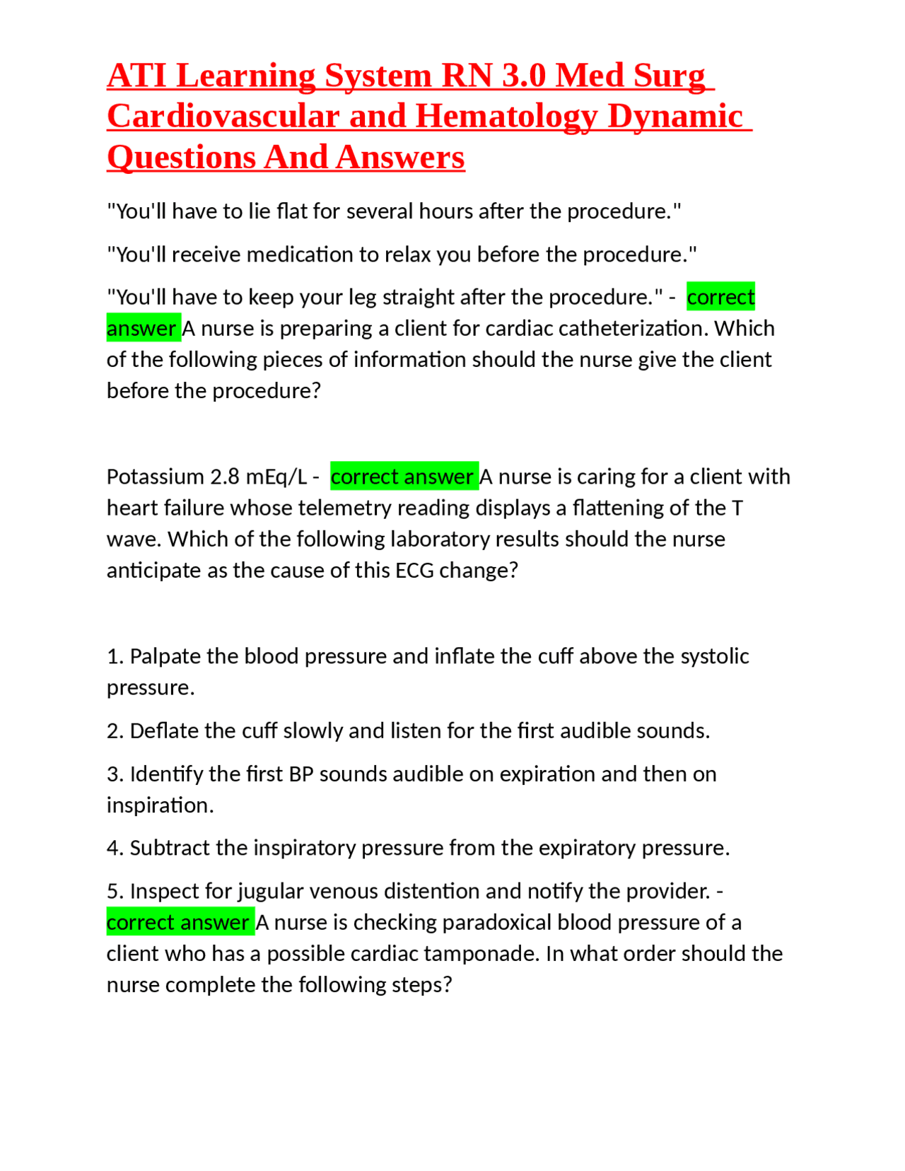 ATI Learning System RN 3.0 Med Surg Cardiovascular and Hematology ...