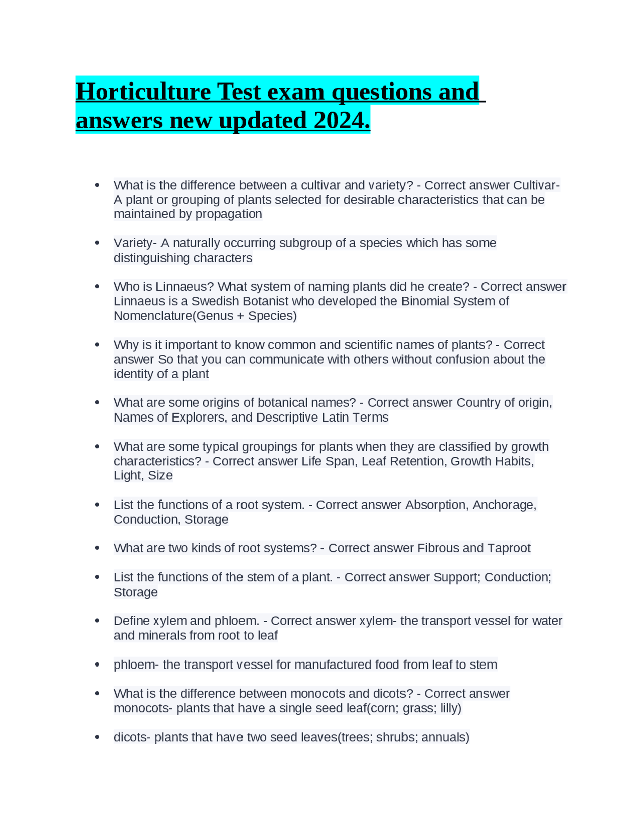 Horticulture Test exam questions and answers new updated 2024. | Exams ...