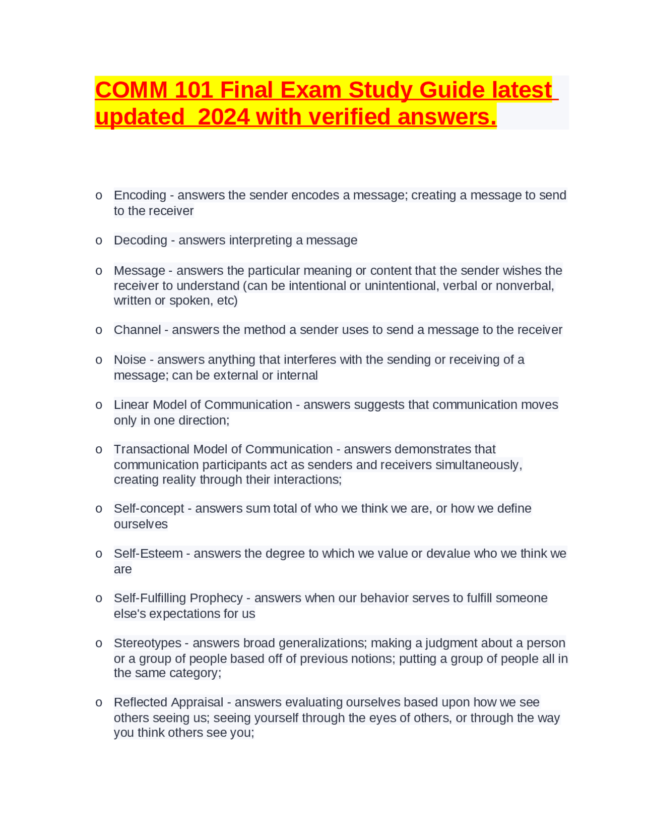 COMM 101 Final Exam Study Guide latest updated 2024 with verified ...