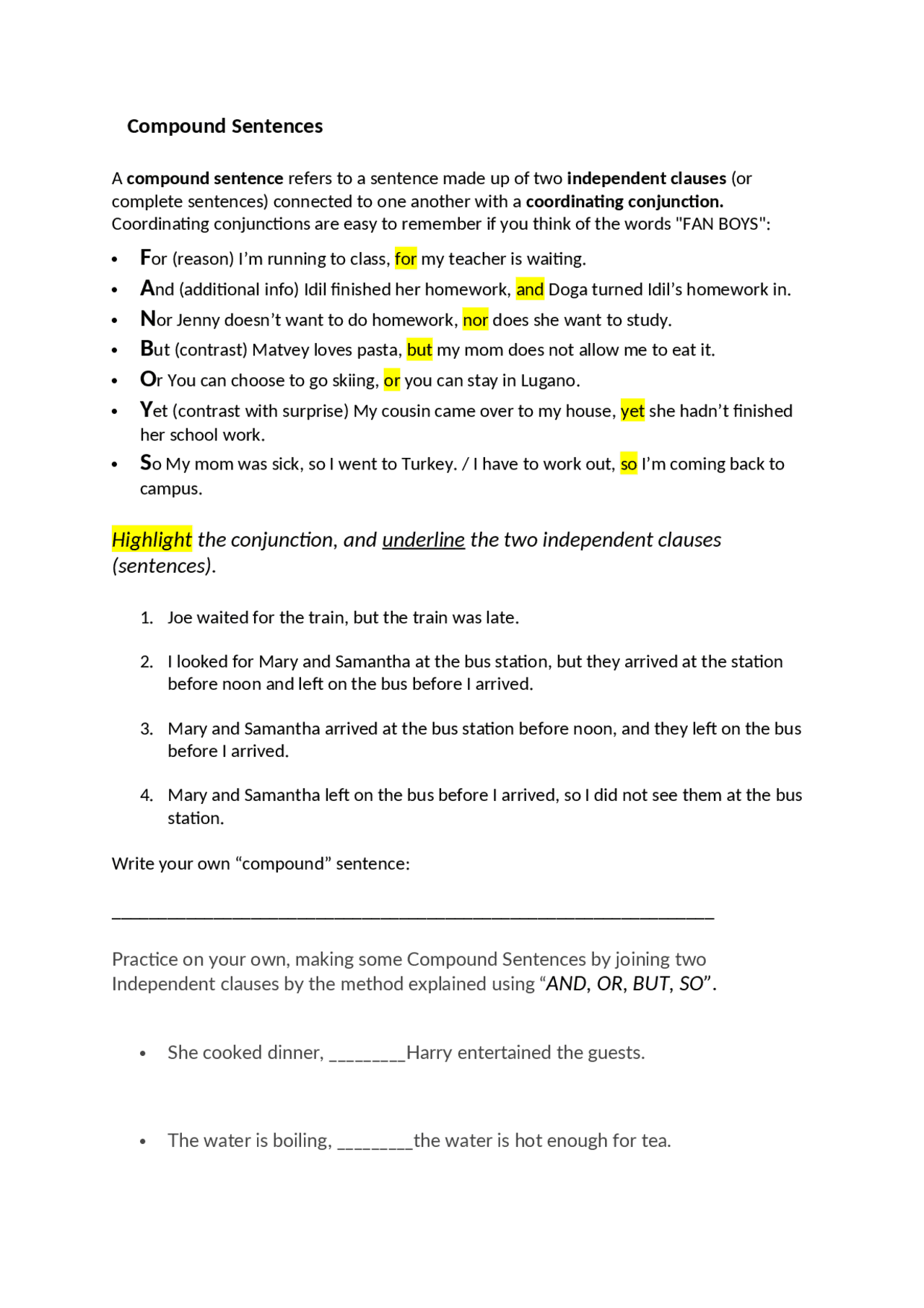 Compound sentences. Exercises | Exercises English | Docsity