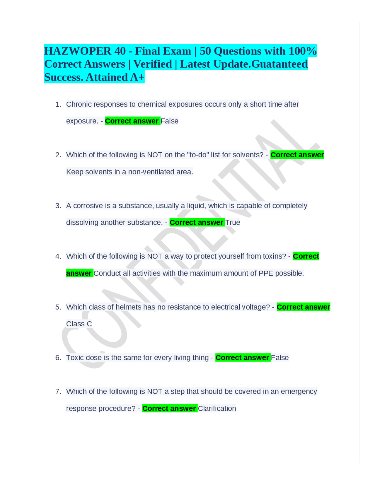 HAZWOPER 40 - Final Exam | 50 Questions with 100% Correct Answers ...