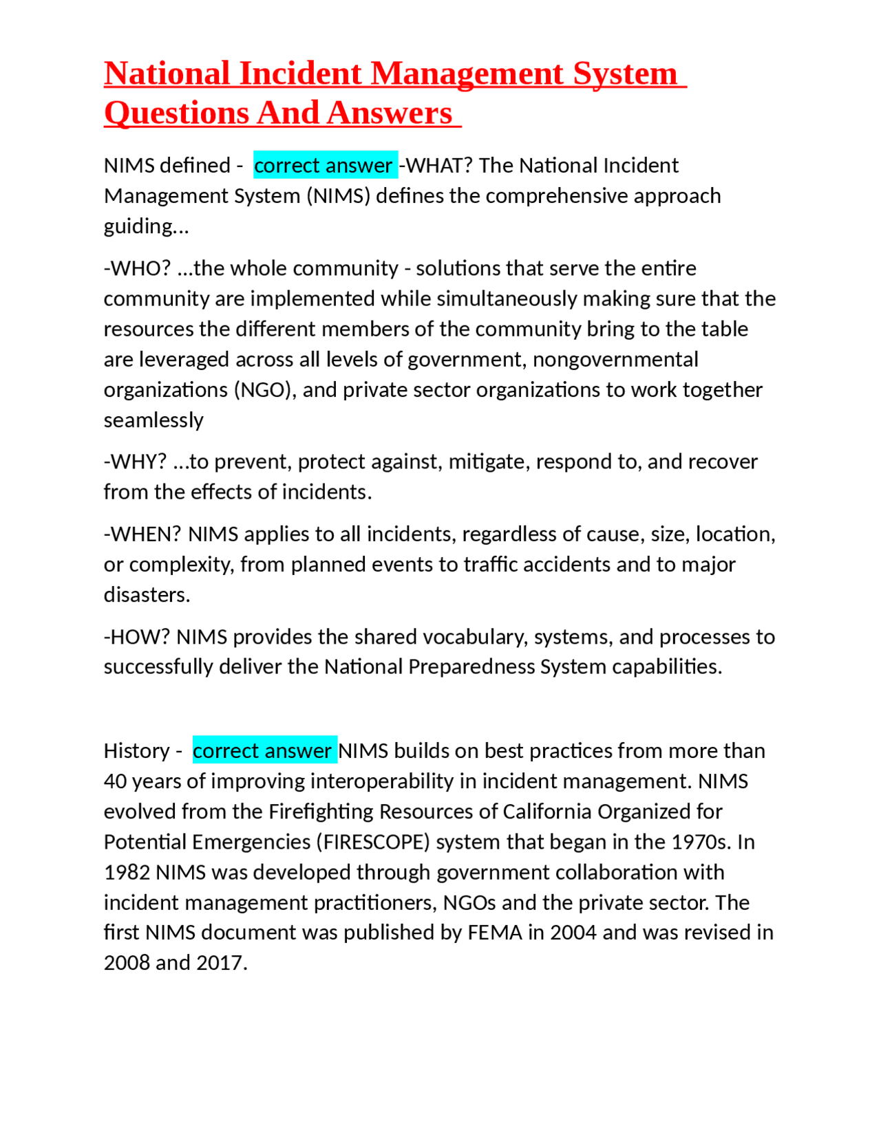 National Incident Management System Questions And Answers | Exams ...