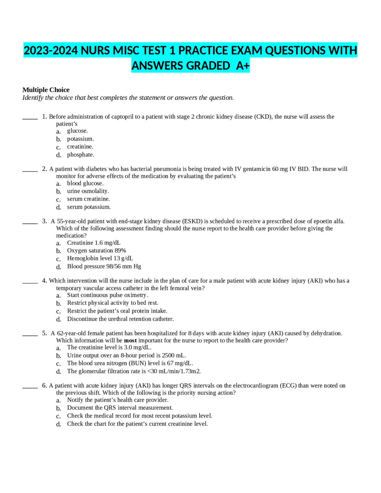 2023-2024 NURS MISC TEST 1 PRACTICE EXAM QUESTIONS WITH ANSWERS GRADED ...